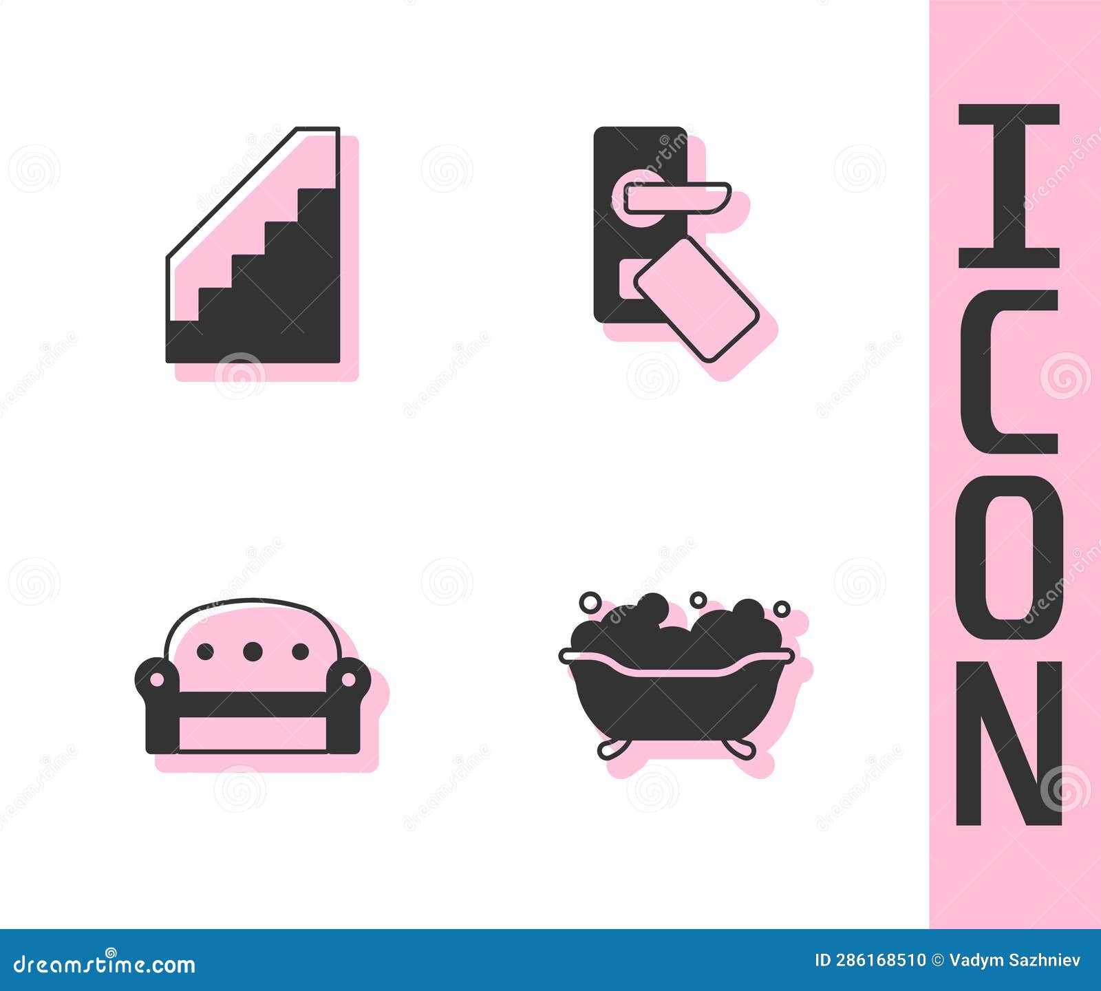 Set Bathtub, Stairs, Sofa and Digital Door Lock Icon. Vector Stock ...