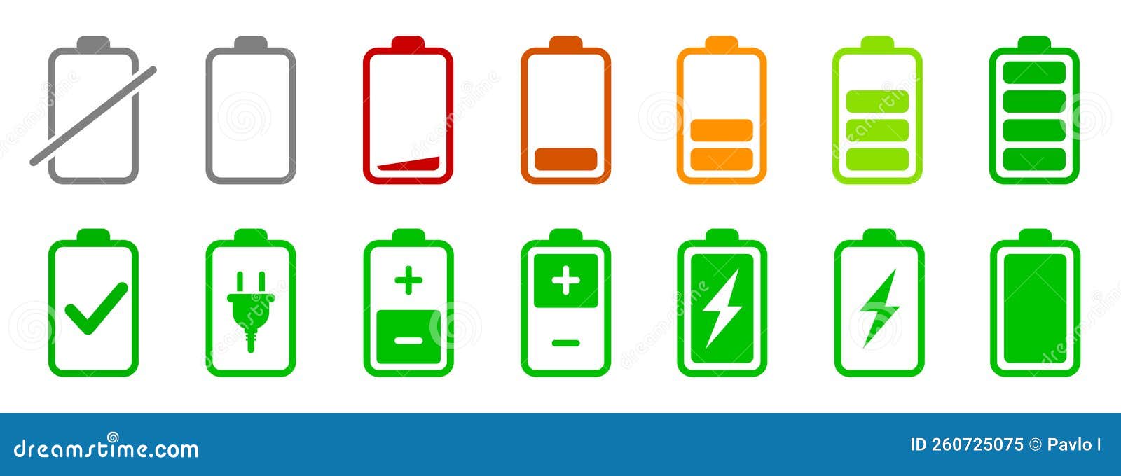 Set Of Battery Charge Level Indicator Icons, Level Battery Energy ... Set Of Battery Charge Level Indicator Icons, Level Battery Energy ...