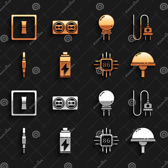 Set Battery, Electric Plug, Light Emitting Diode, Processor with Microcircuits CPU, Audio Jack ...