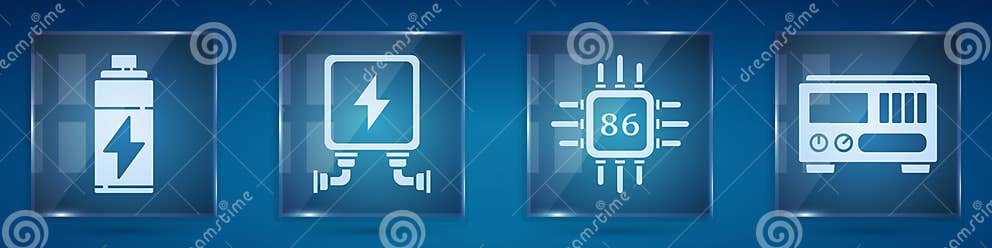 Set Battery, Electric Transformer, Processor with Microcircuits CPU and Electrical Measuring ...