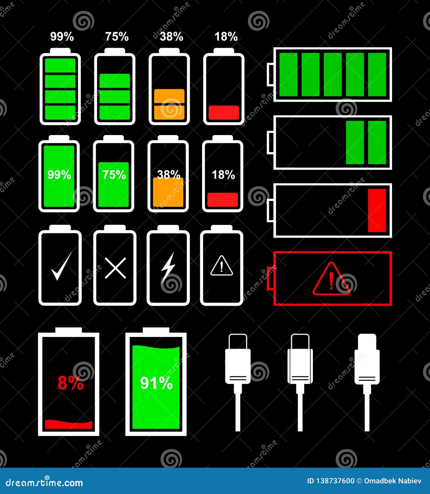 Set of Battery Indicator Icons and Charger Connector Stock Vector ...
