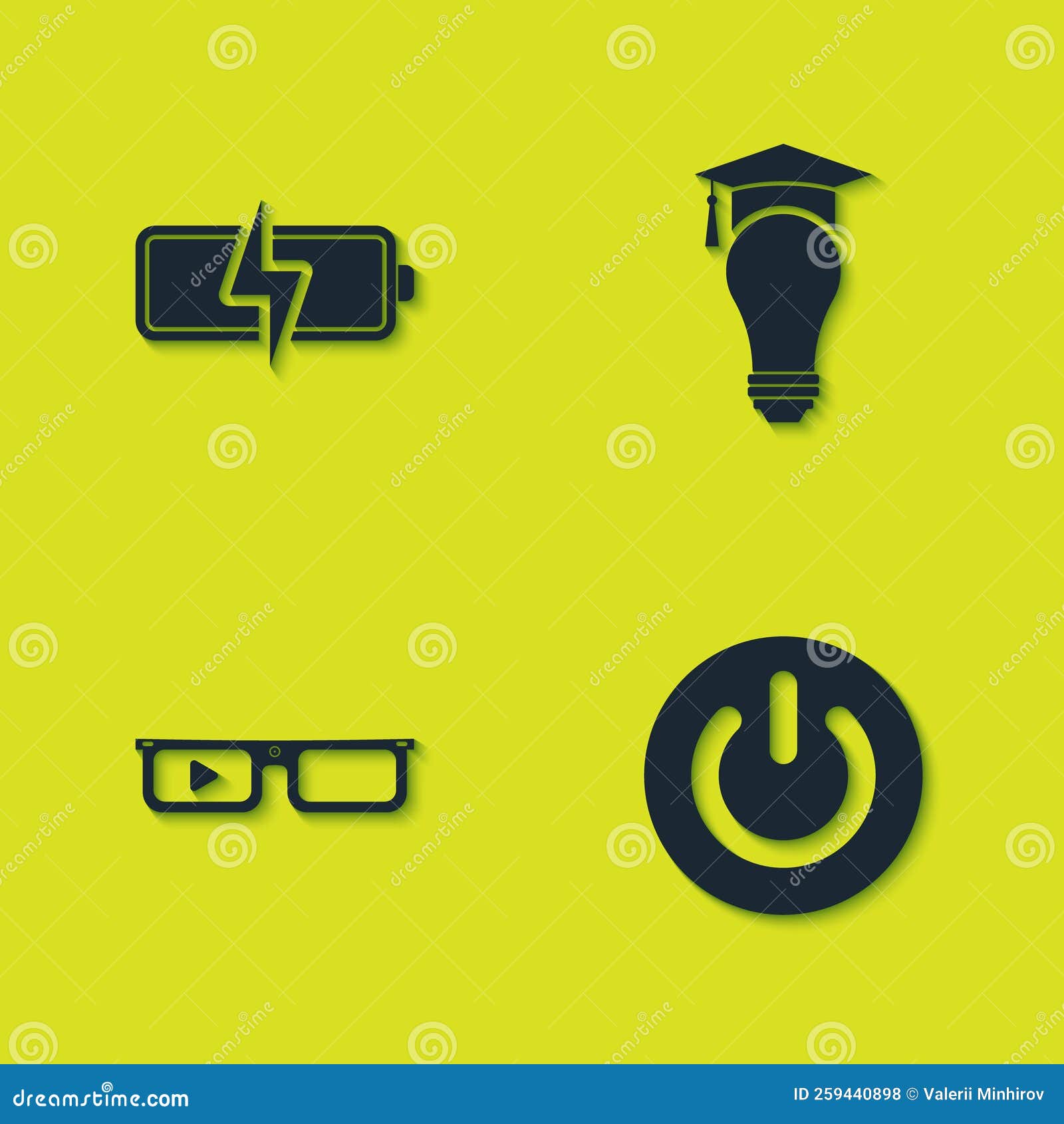 Set Battery, Power Button, Smart Glasses and Light Bulb and Graduation ...