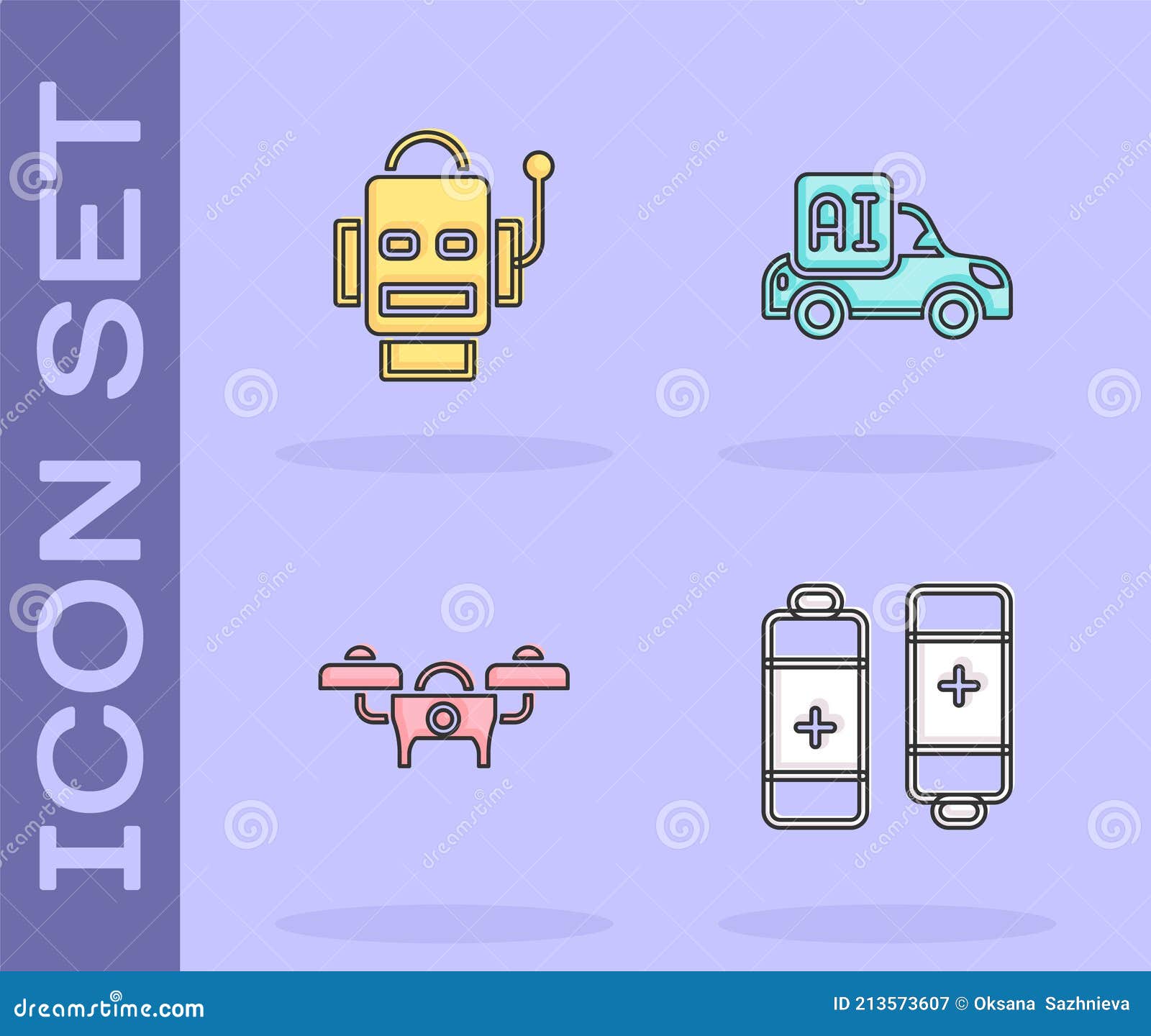 Set Battery, Robot, Drone and Autonomous Smart Car Icon. Vector Stock ...