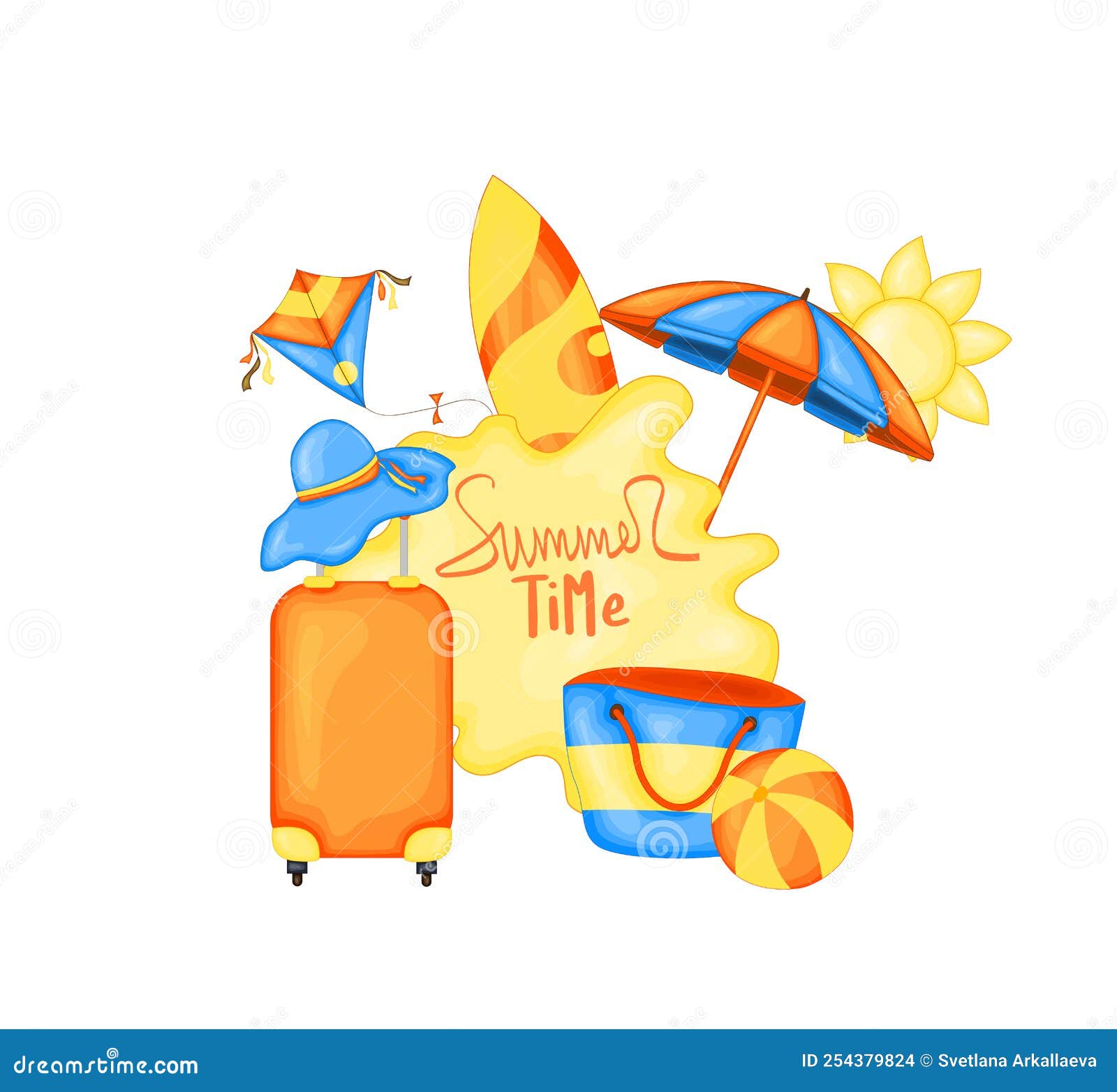 Set with Beach Accessories and a Suitcase. Cartoon Style. Vector ...