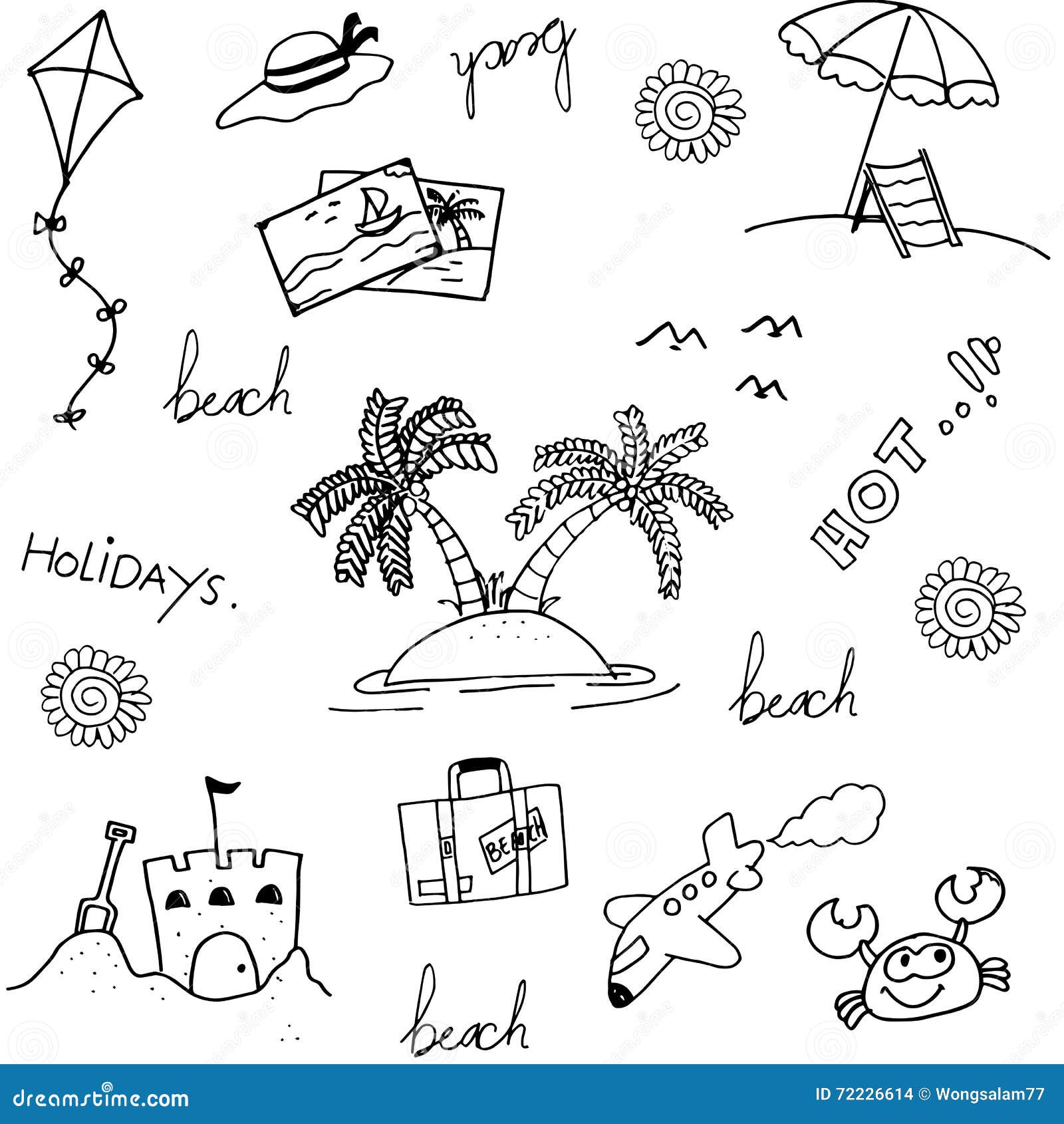 Set of beach doodle stock vector. Illustration of elements - 72226614