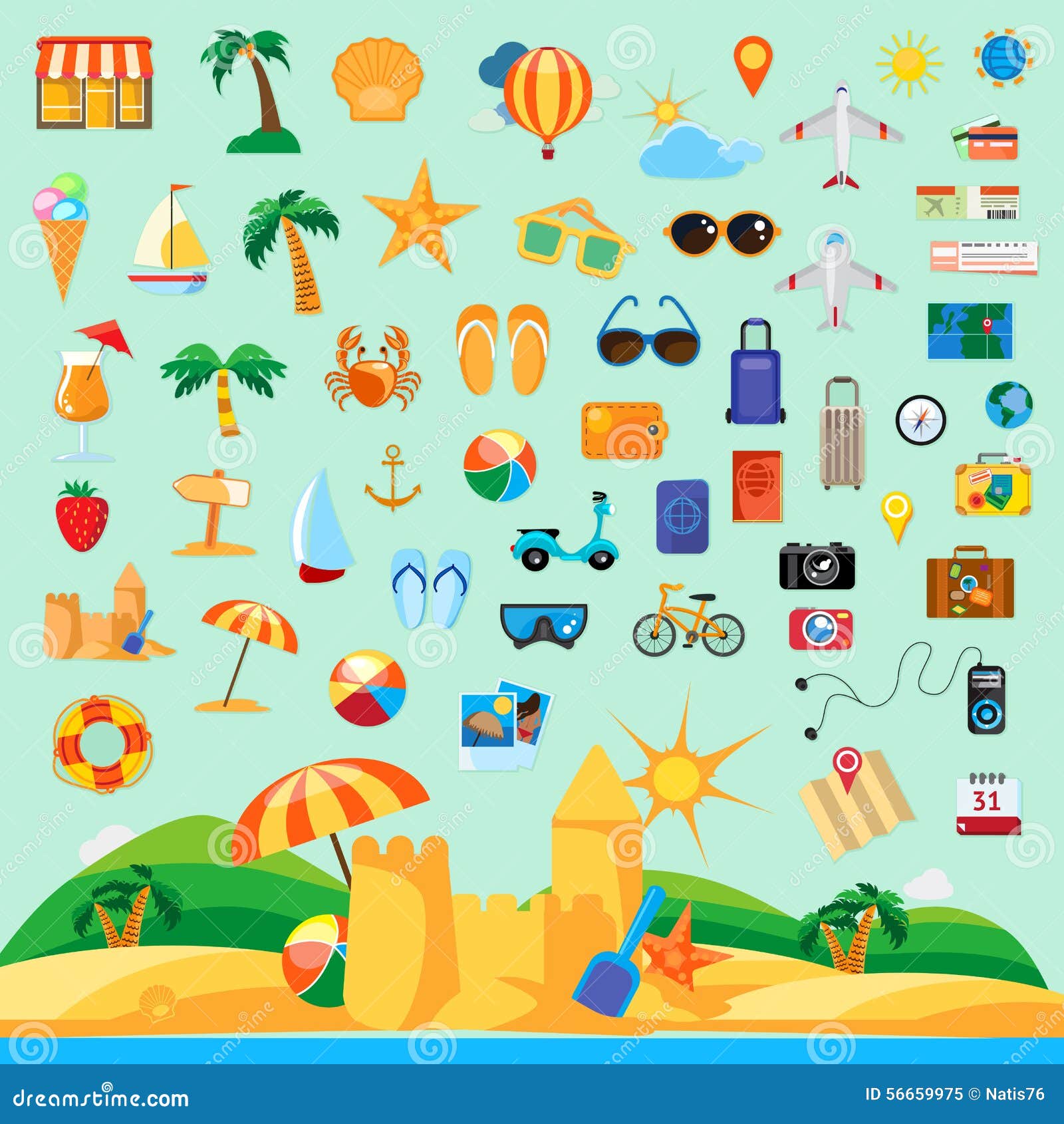 Set with Beach Holiday Icons Stock Vector - Illustration of palm ...