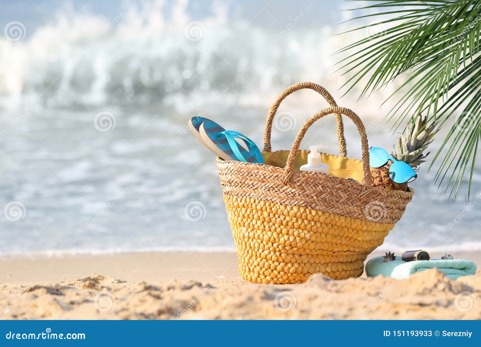 Set of Beach Items on Sand Near Sea Stock Image - Image of cosmetic ...