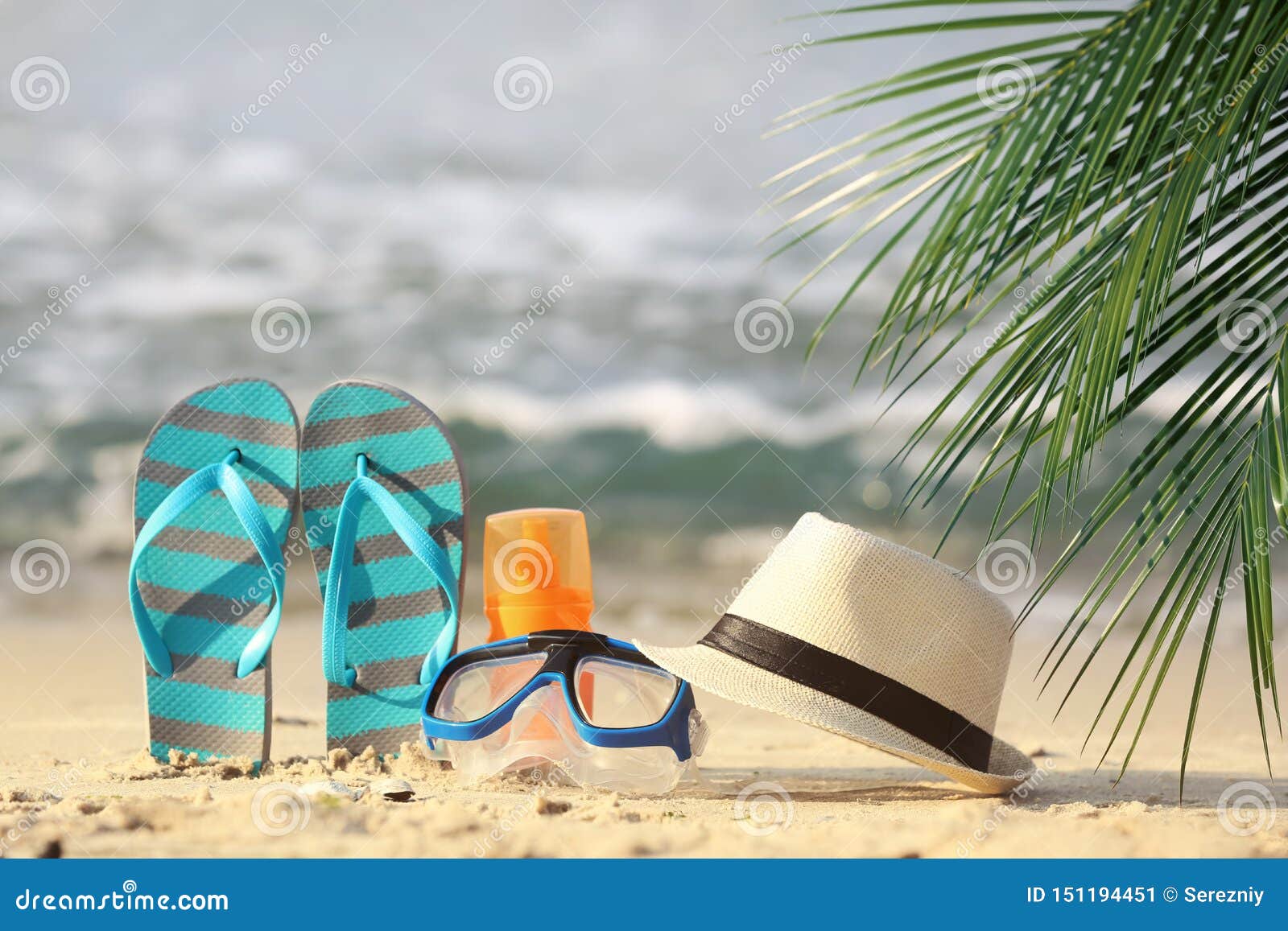 Set of Beach Items on Sand Near Sea Stock Image - Image of background ...