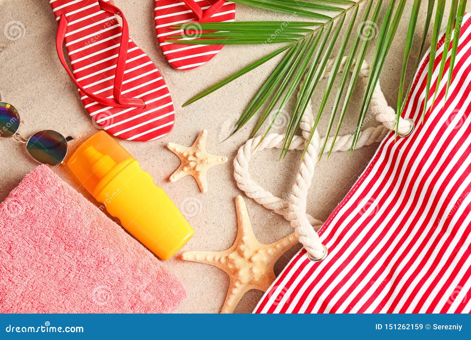 Set of Beach Items with Tropical Leaf on Sand Stock Image - Image of ...