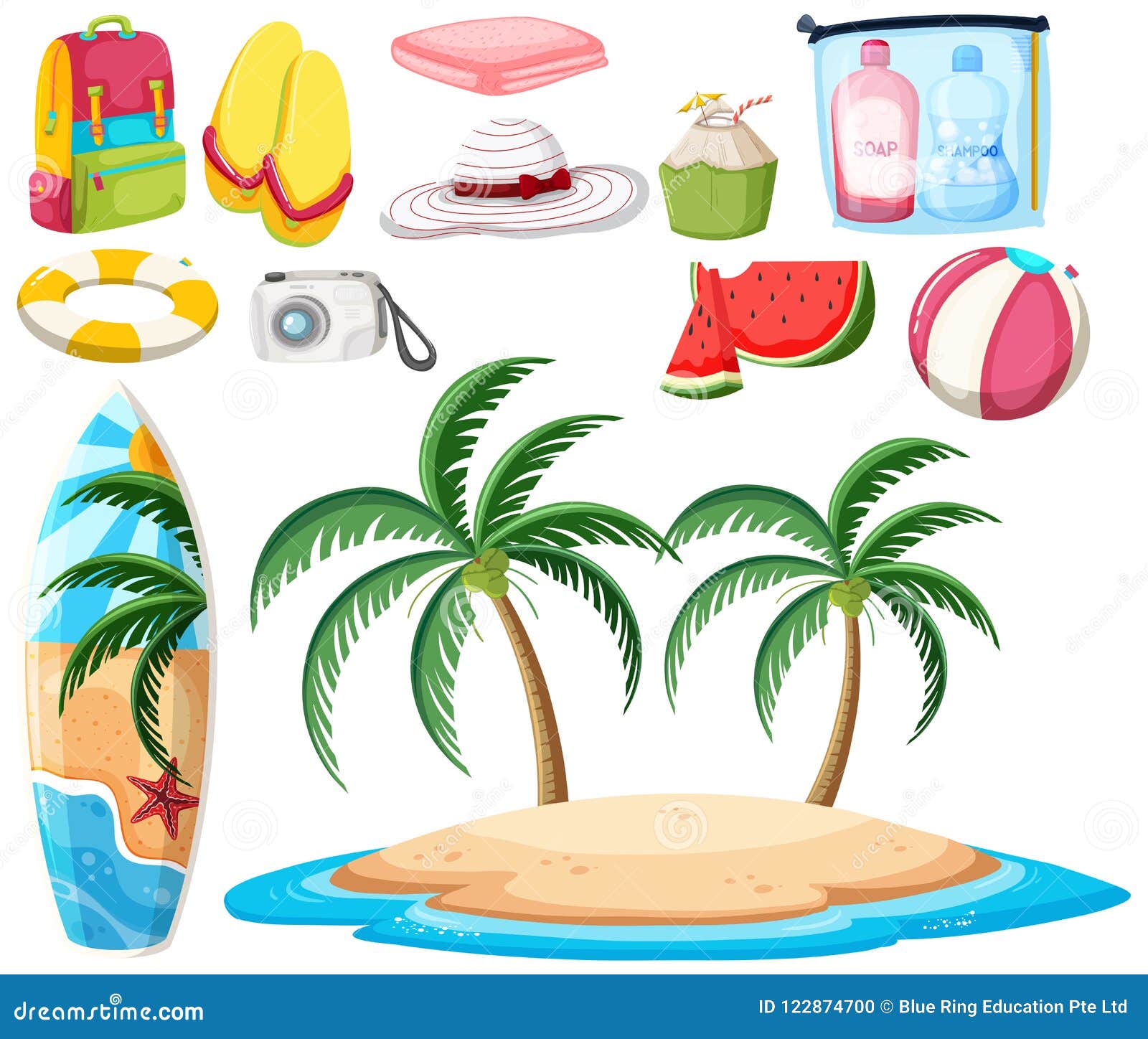 Set of beach objects stock vector. Illustration of shampoo - 122874700