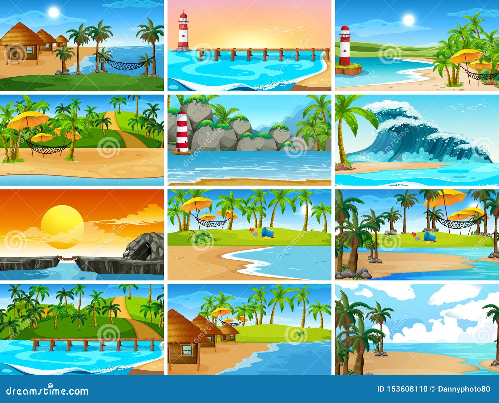 Set of beach scenes stock vector. Illustration of outside - 153608110