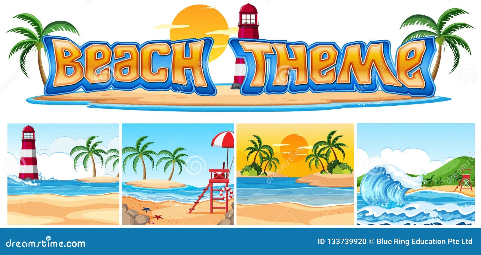 Set of Beach Theme Landscape Stock Vector - Illustration of island ...