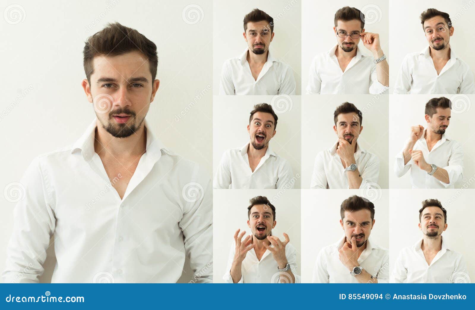 Set of Bearded Man Expressions on Grey Background. Young Man with ...