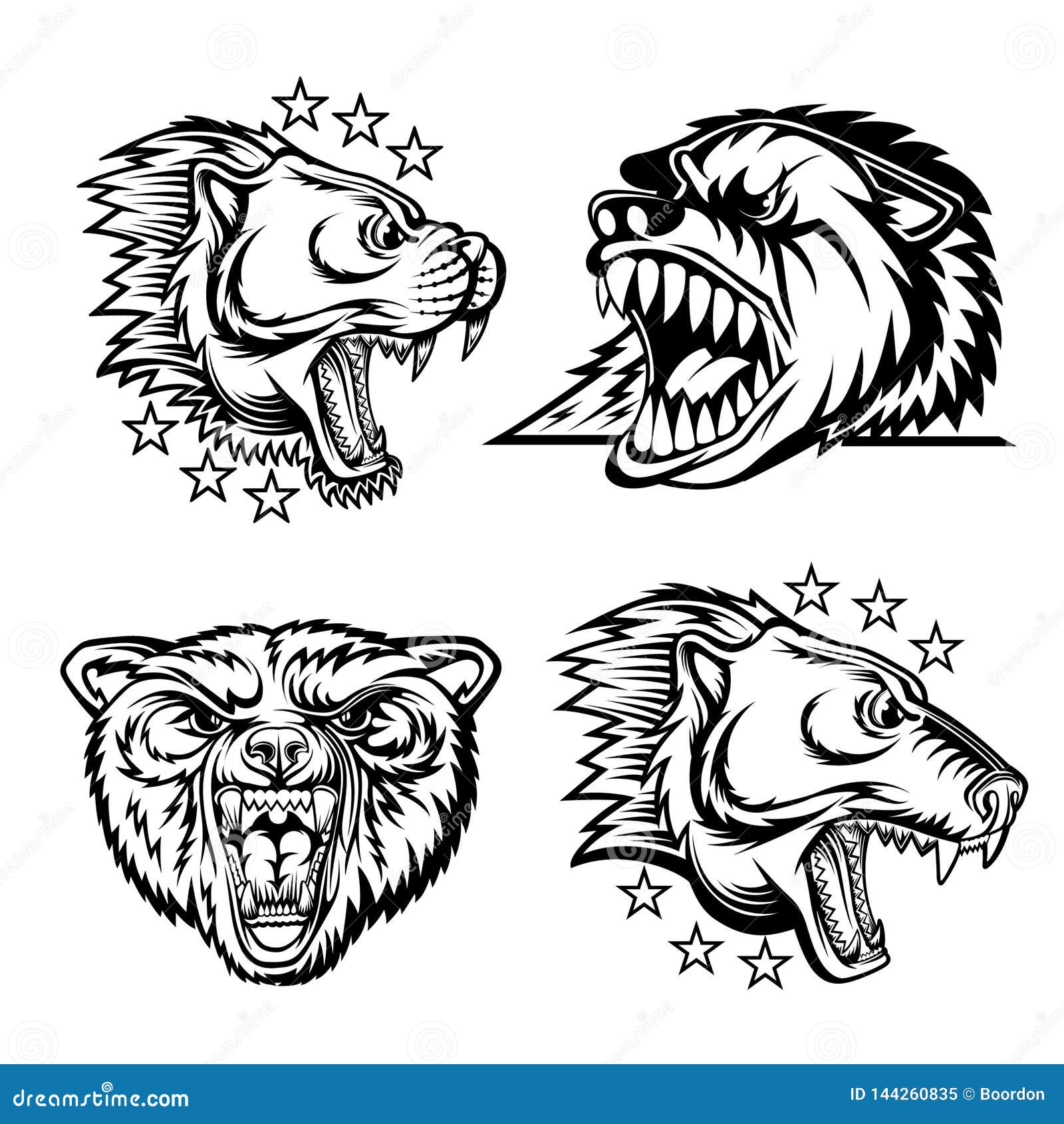 Set of Beast Head with Bared Teeth Isolated on White. Black on White ...