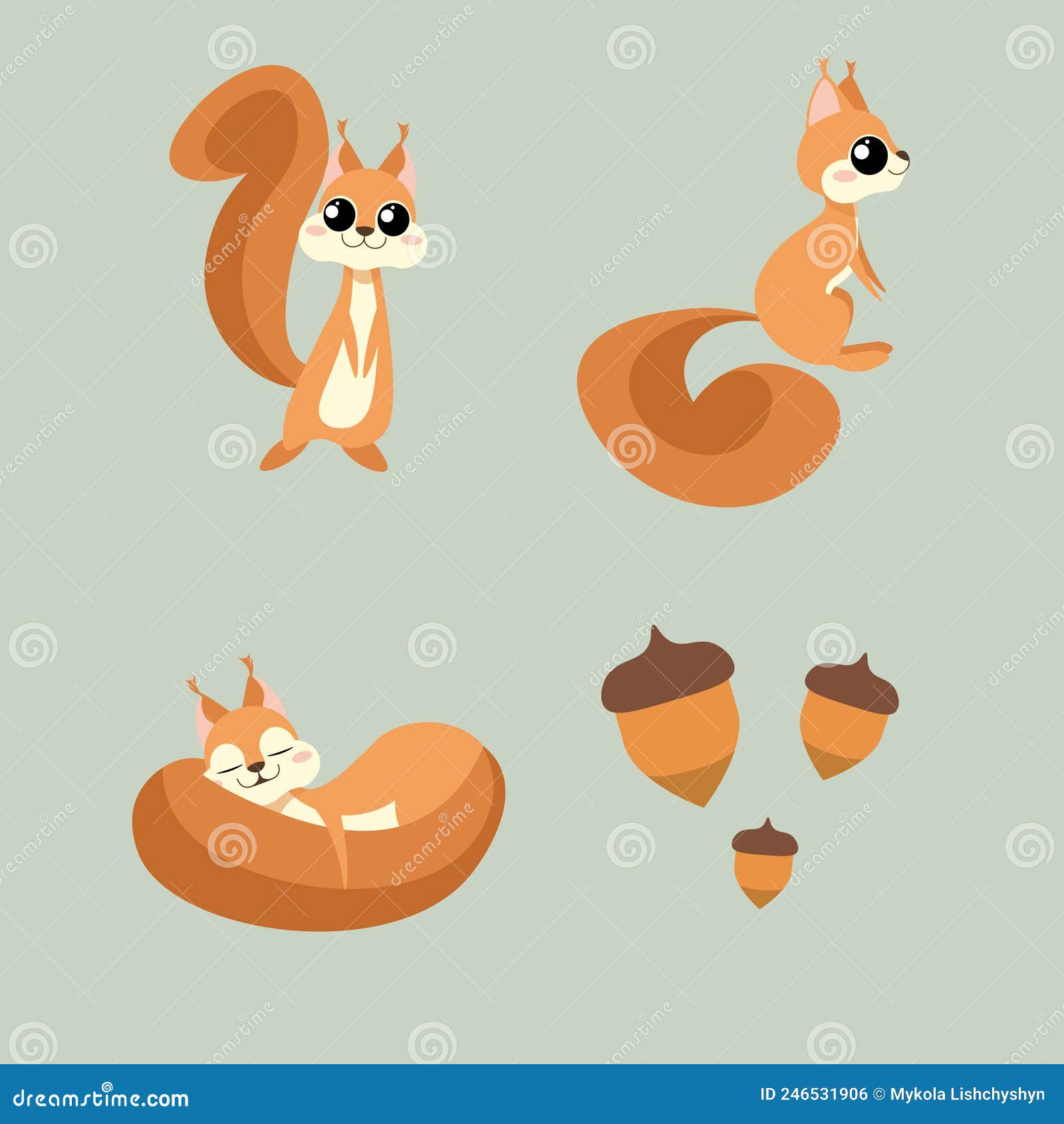 Set Of Beautiful Character Squirrels On Green Background. Vector ...