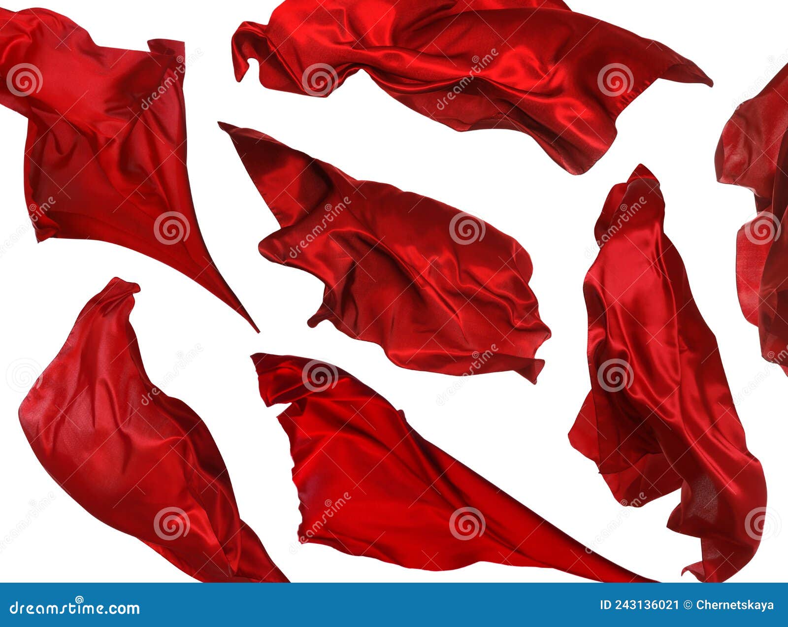 Set with Beautiful Delicate Red Silk Floating on White Background Stock ...