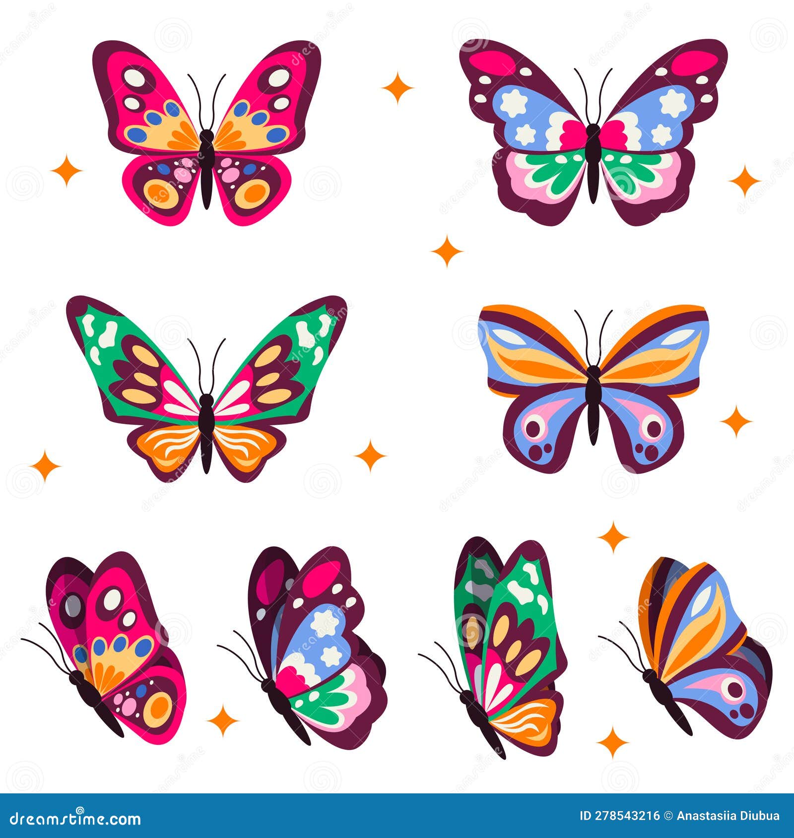Butterflies Side View Isolated On Transparent Background. Vector ...