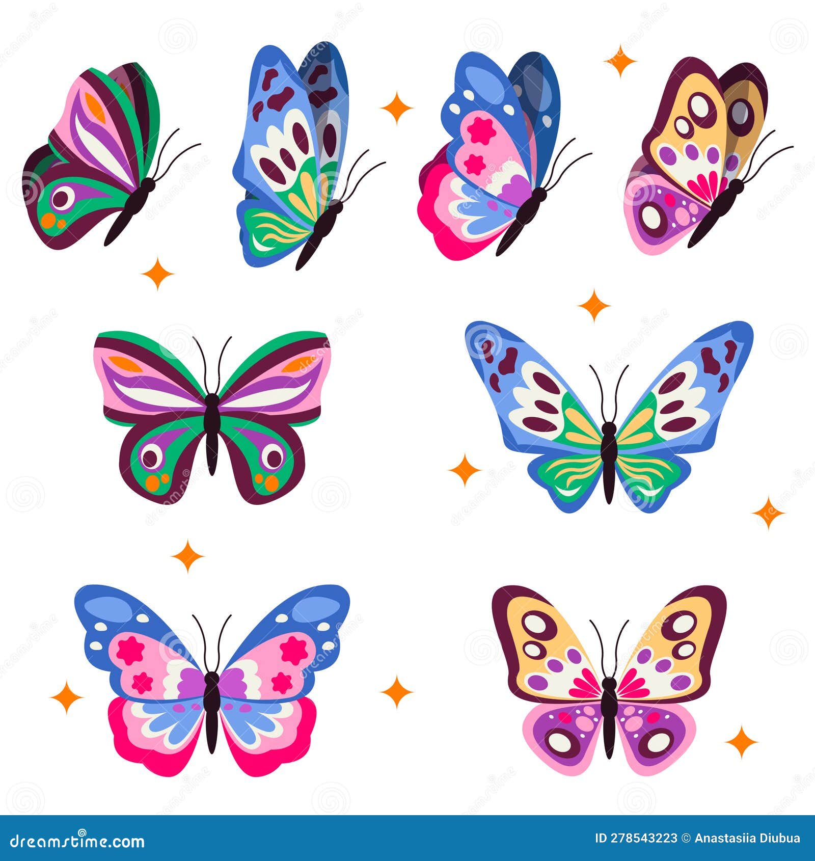 Set of 4 Beautiful Different Butterflies. Back View and Side View Stock ...