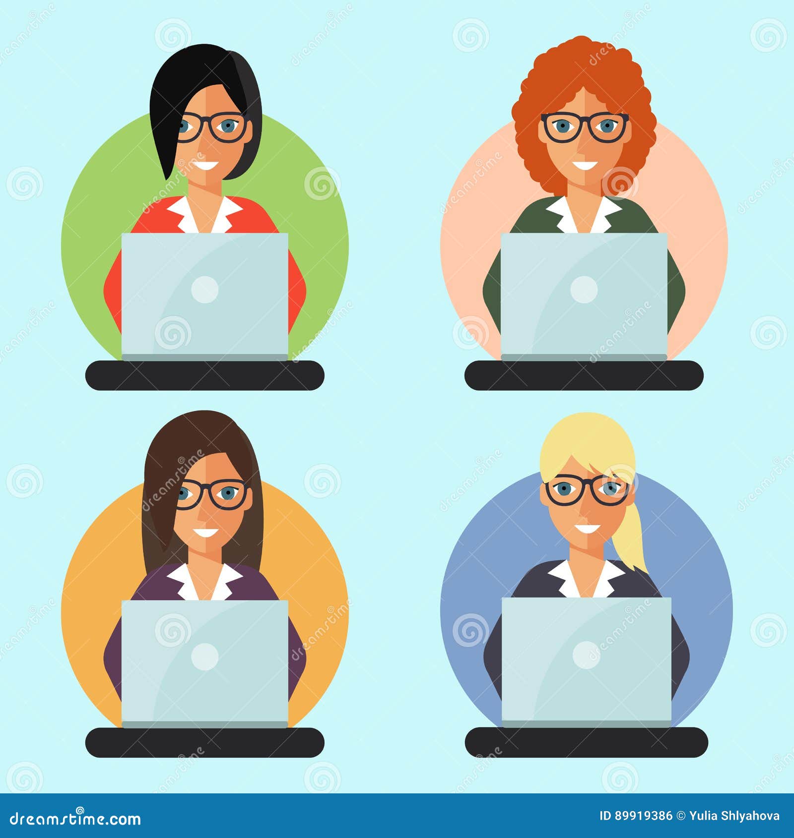 Set of Beautiful Girl with Computer Stock Vector - Illustration of ...