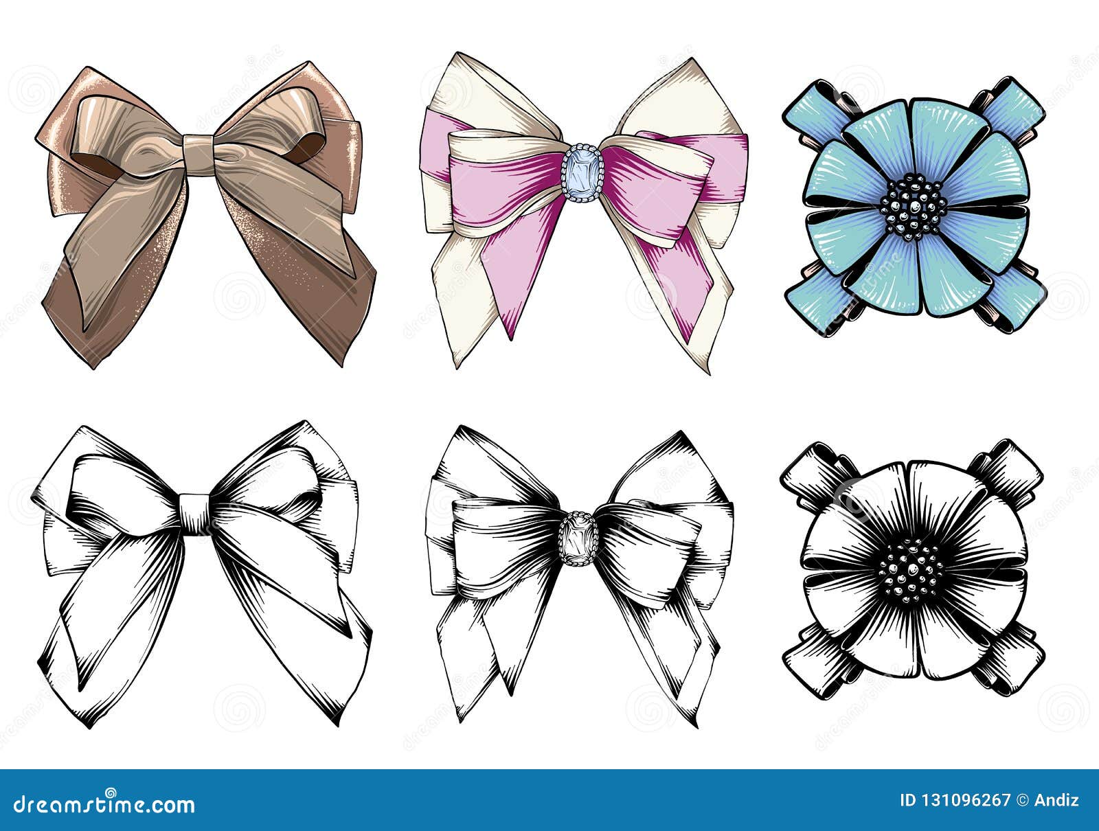 Set of Beautiful Graphic Bows. Hand Drawn Bows Collection. Colored ...