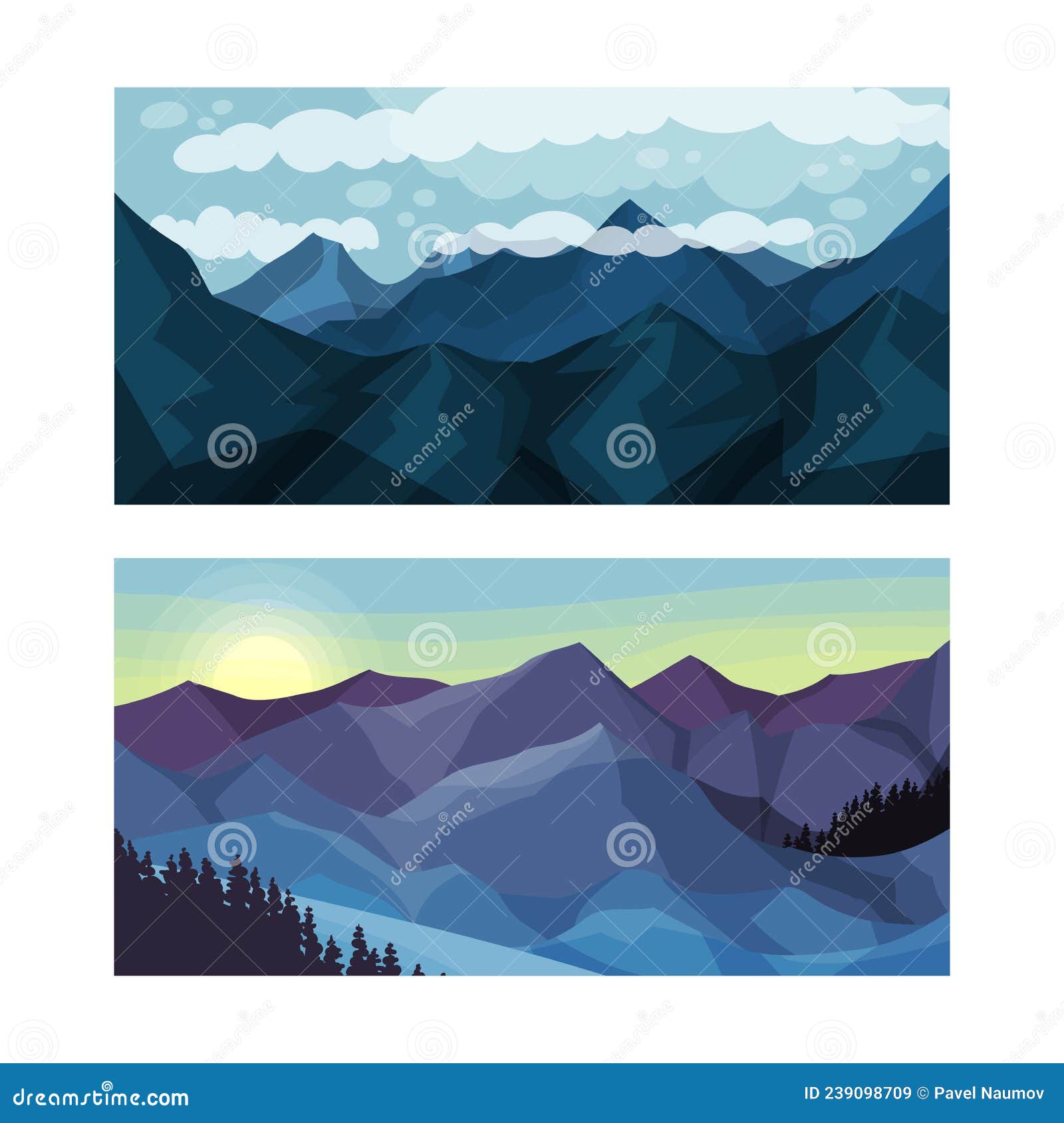 Set of Beautiful Mountain Landscape at Dusk Vector Illustration Stock ...