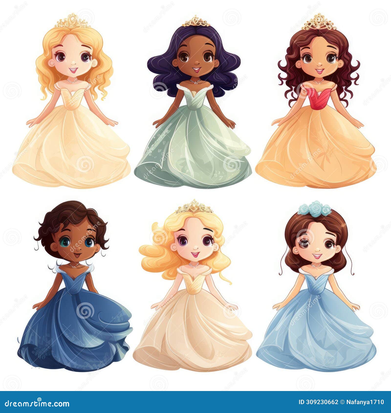 Set of Beautiful Princesses in Luxurious Dresses on a White Background ...