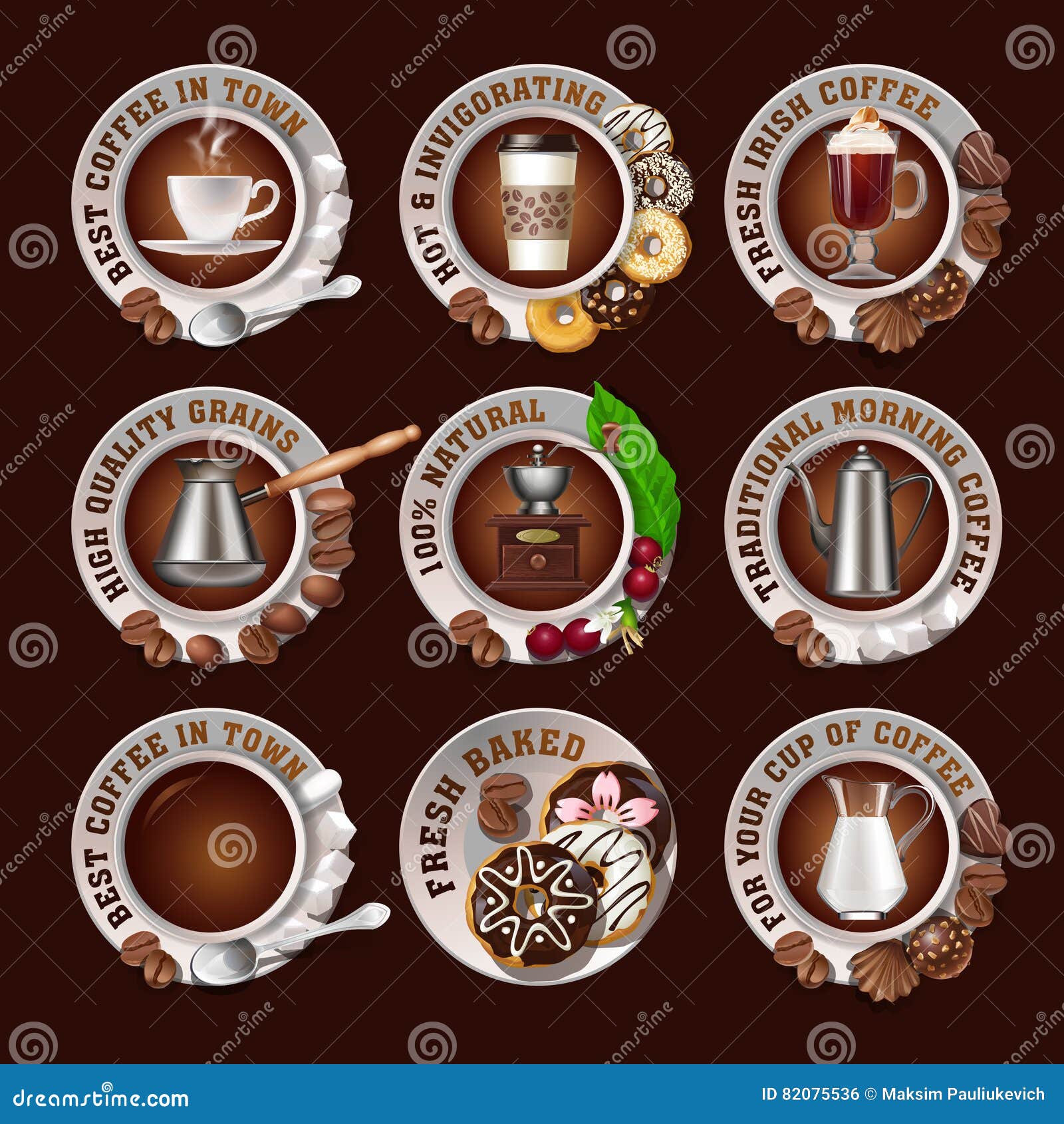 Set Beautiful Realistic Badges of Coffee Stock Vector - Illustration of ...