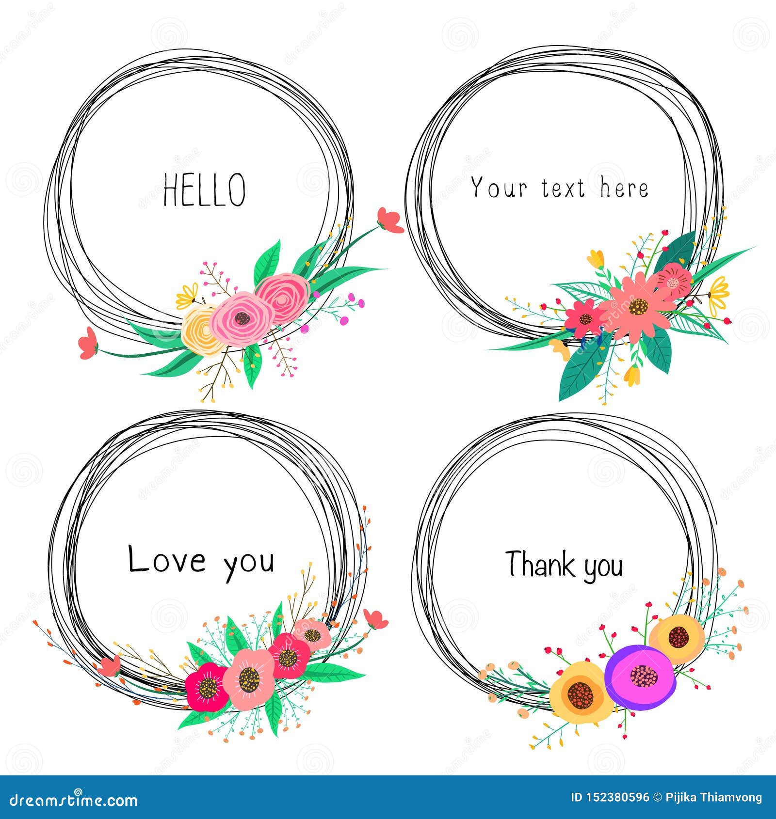 Set of Beautiful Round Frames with Flower for Decoration. Decorative ...