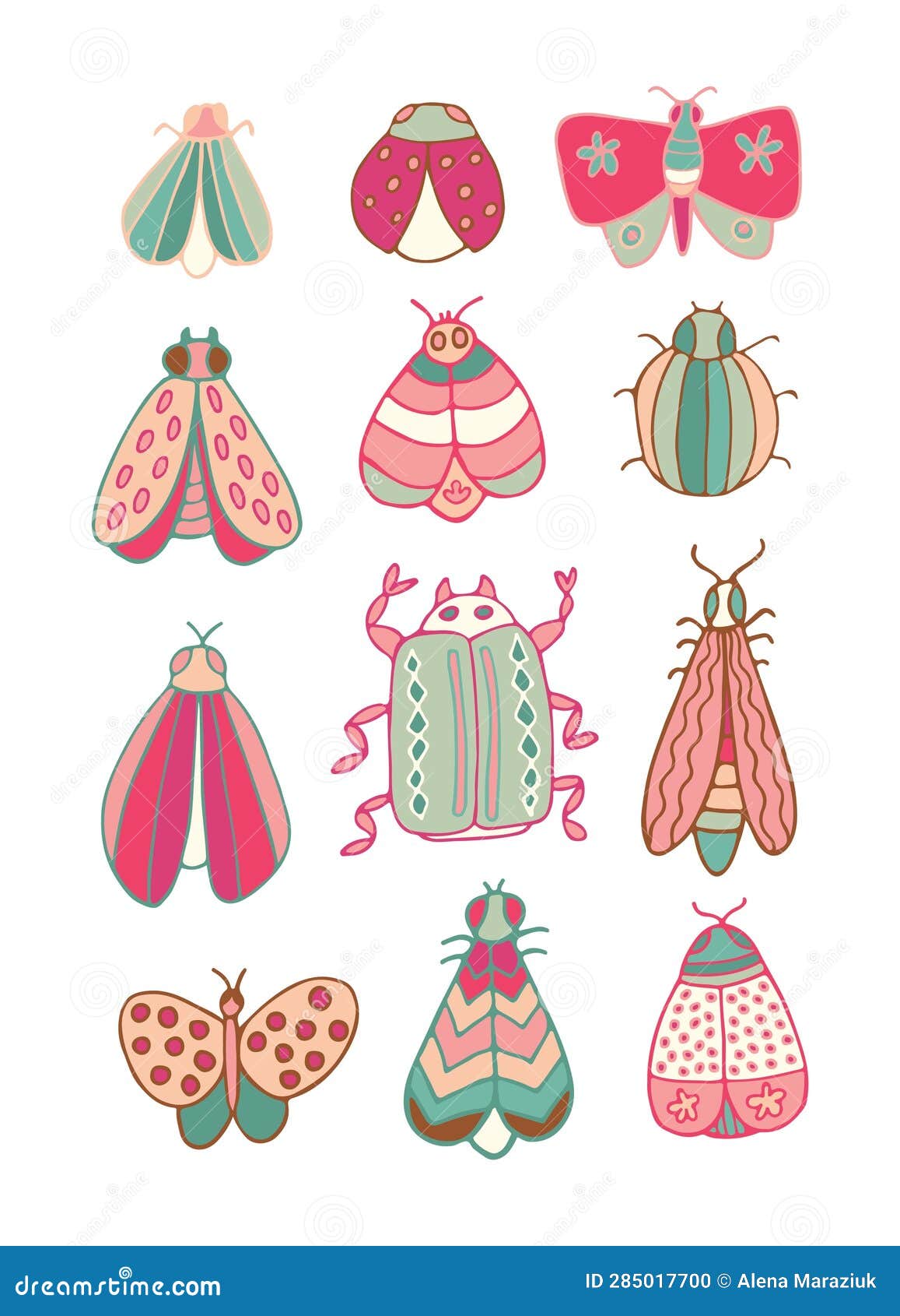 Set of Beautiful Winged Insects, Decorated with Different Ornaments ...