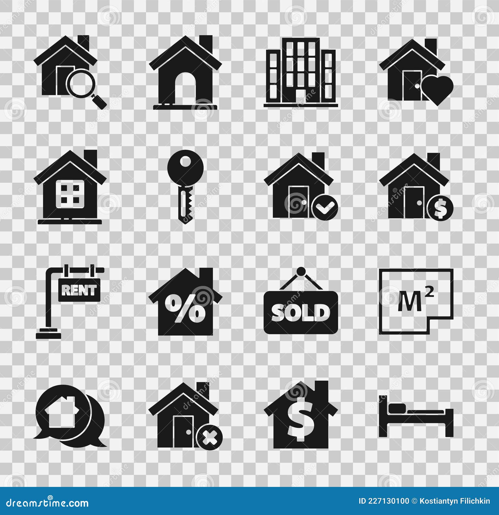 Set Bed, House Plan, with Dollar Symbol, Key, Search House and Check ...
