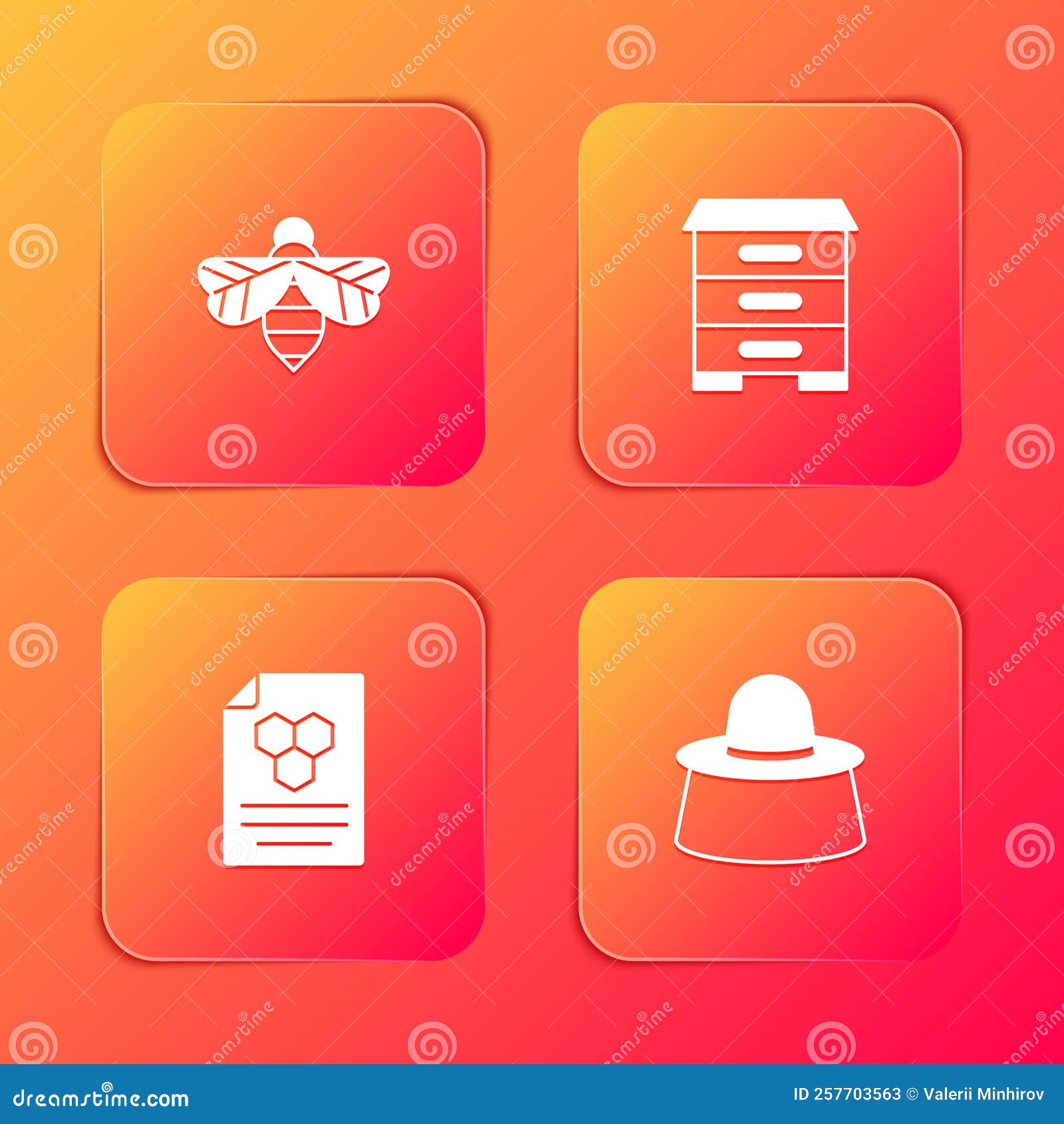 Set Bee, Hive for Bees, Honeycomb and Beekeeper with Protect Hat Icon ...
