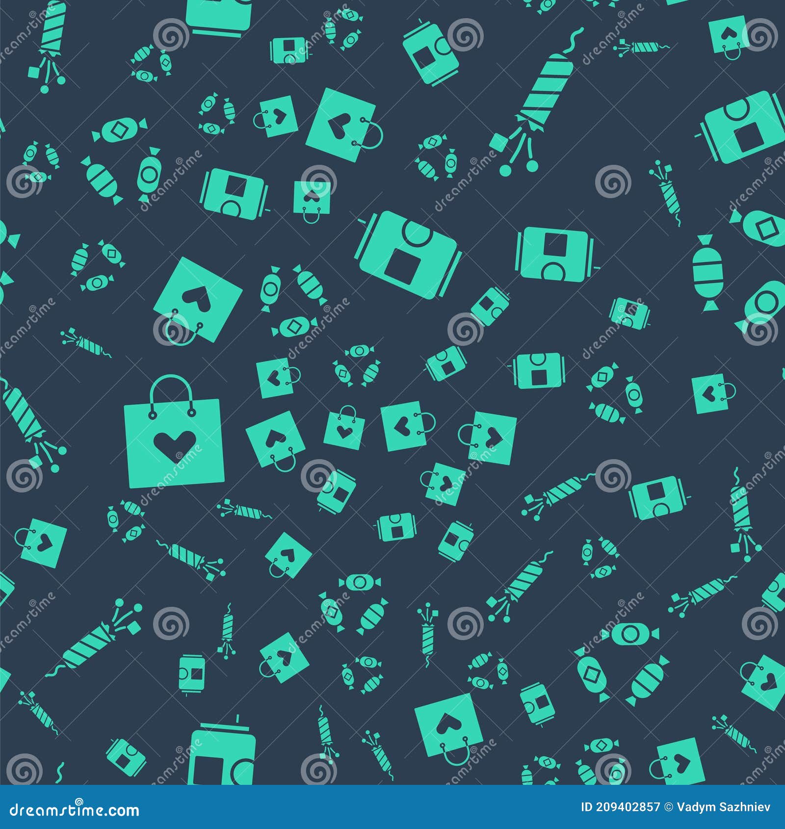 Set Beer Can, Firework Rocket, Shopping Bag with Heart and Candy on ...