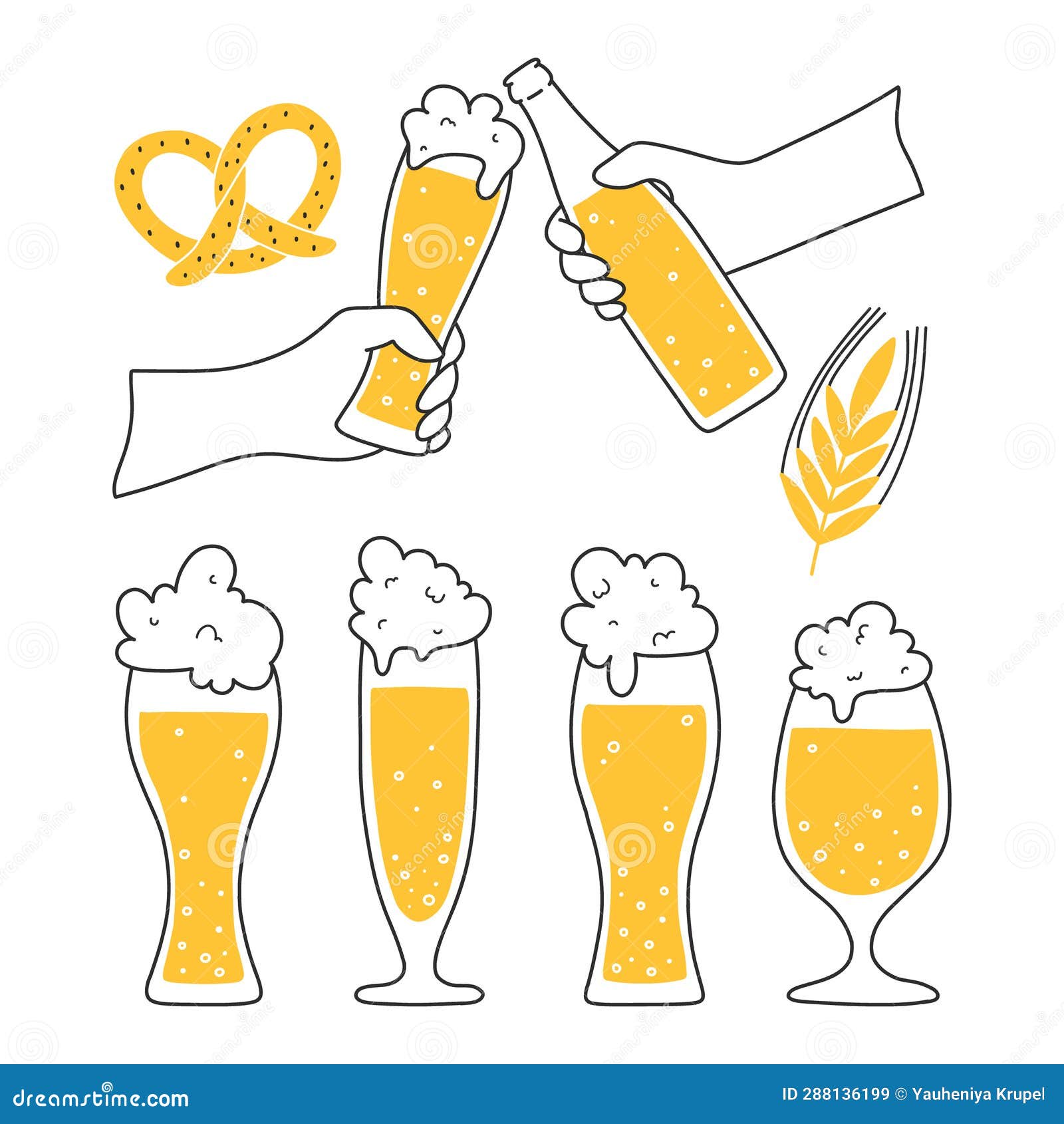 Set of Beer Elements in Doodle Style.Linear Collection of Glasses of ...