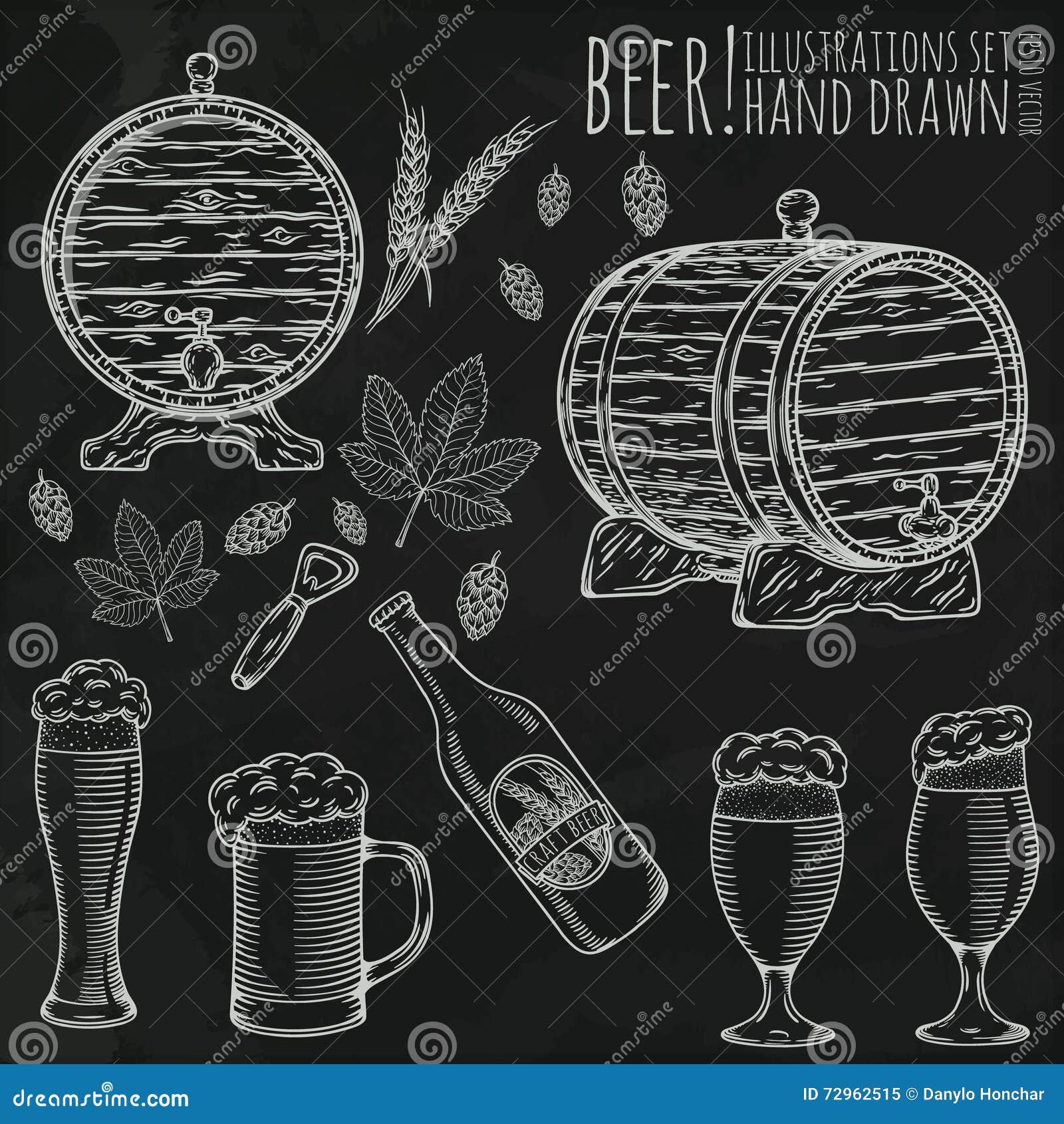 Set Of Beer Objects: Hop, Malt, Mug, Tap, Keg. Isolated On A White ...