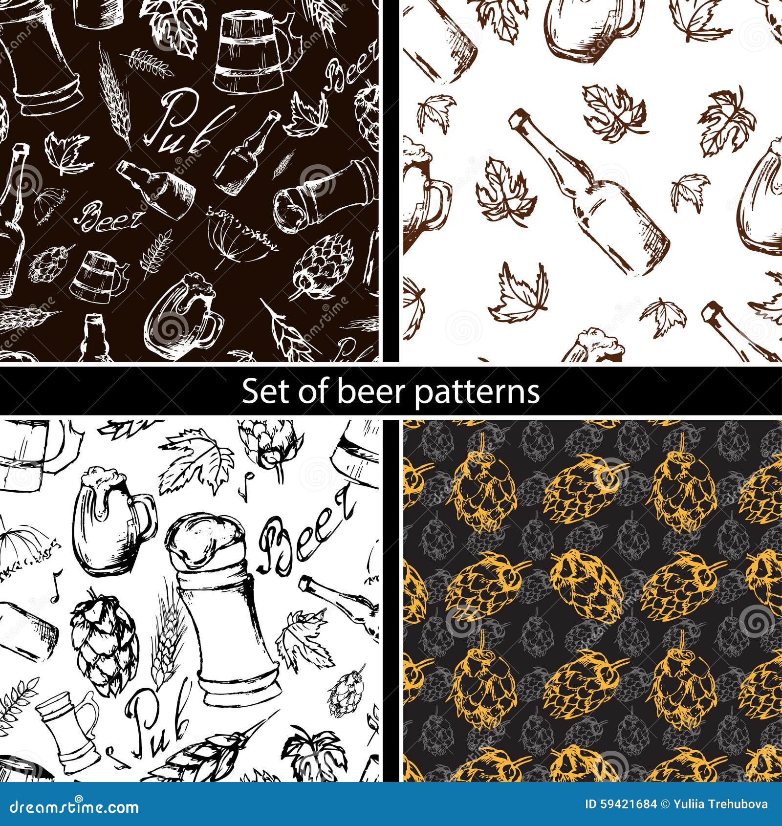 Set of Beer Seamless Pattern on Black Backgroun. Vector Texture in Hand ...