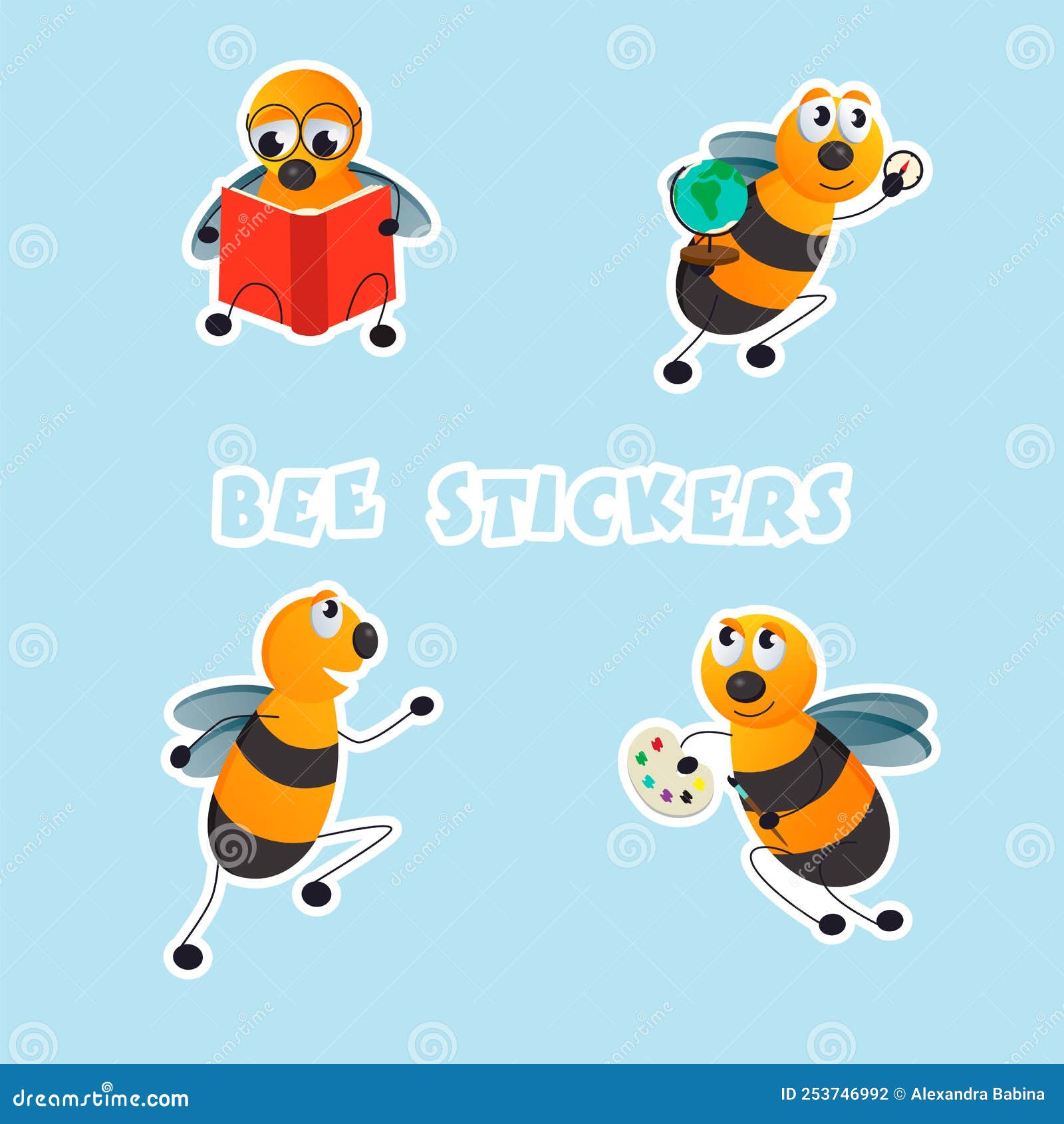 Set of Bees Sticker on a Blue Background. Stock Vector - Illustration ...