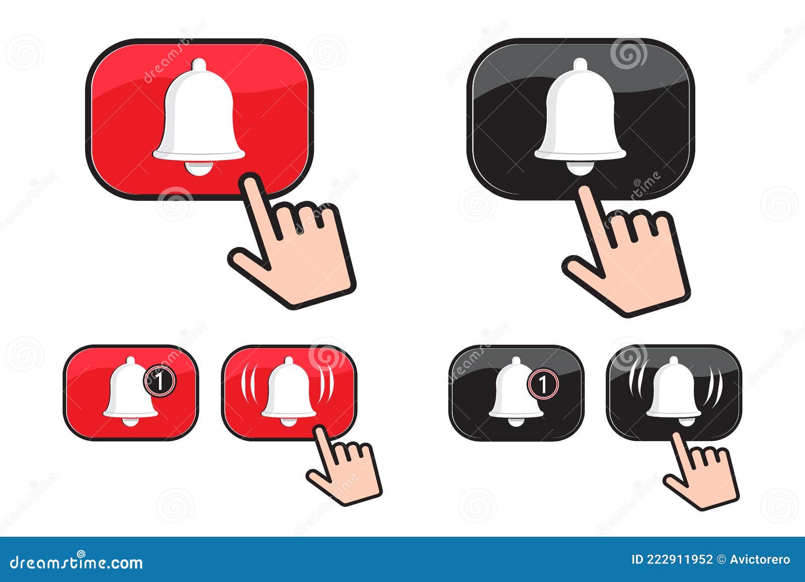 Set of Bell Icon Button and Hand Cursor Pushing Stock Vector ...