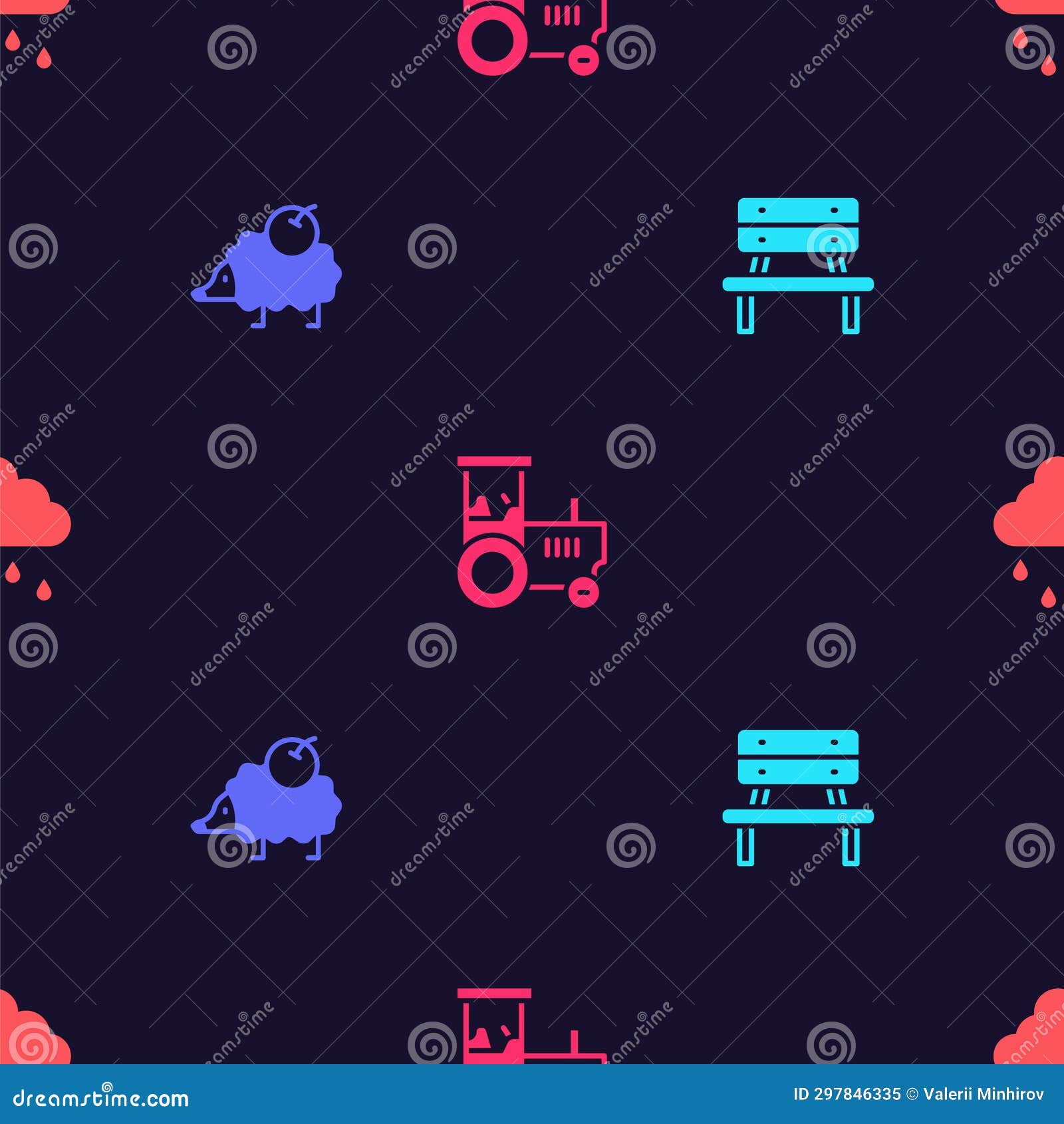 Set Bench, Hedgehog, Tractor and Cloud with Rain on Seamless Pattern ...