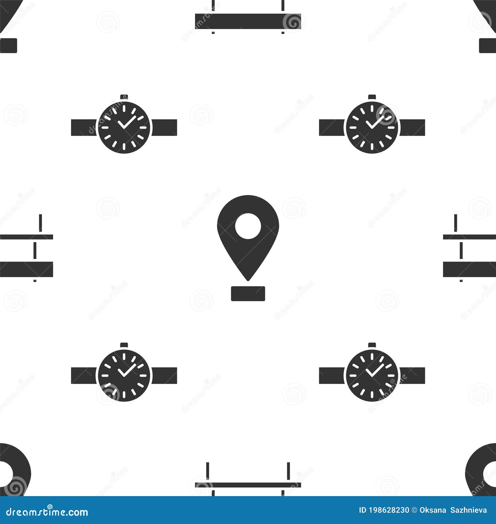 Set Bench, Location and Wrist Watch on Seamless Pattern. Vector Stock ...