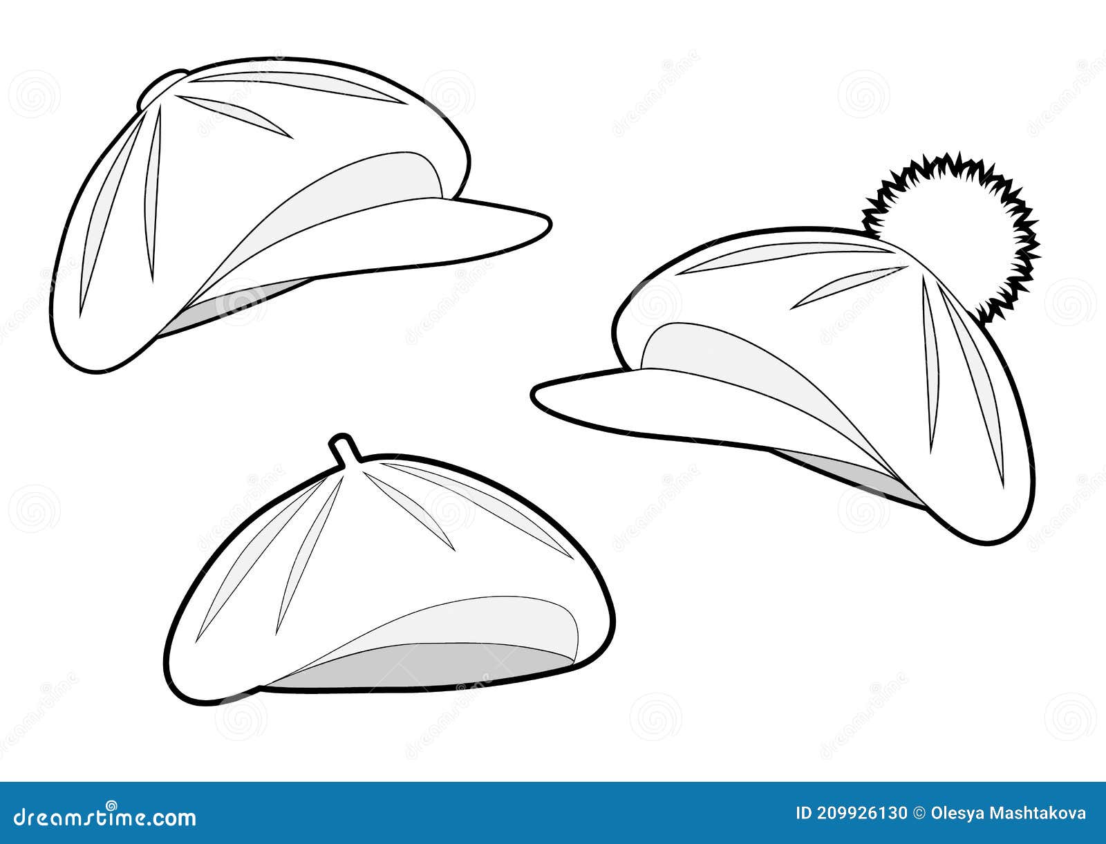 Set of Berets of Different Types. Classic Beret, Beret with a Visor ...