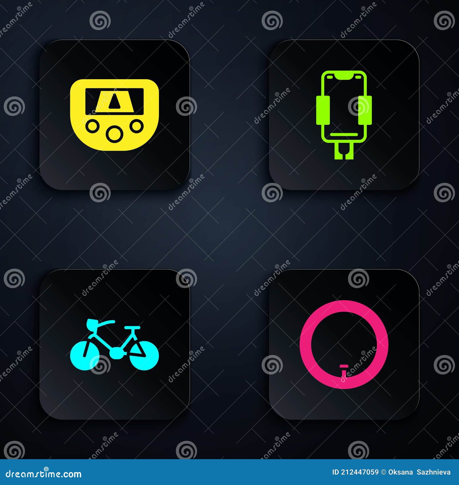 Set Bicycle Wheel, Gps Device with Map, and Mobile Holder. Black Square ...