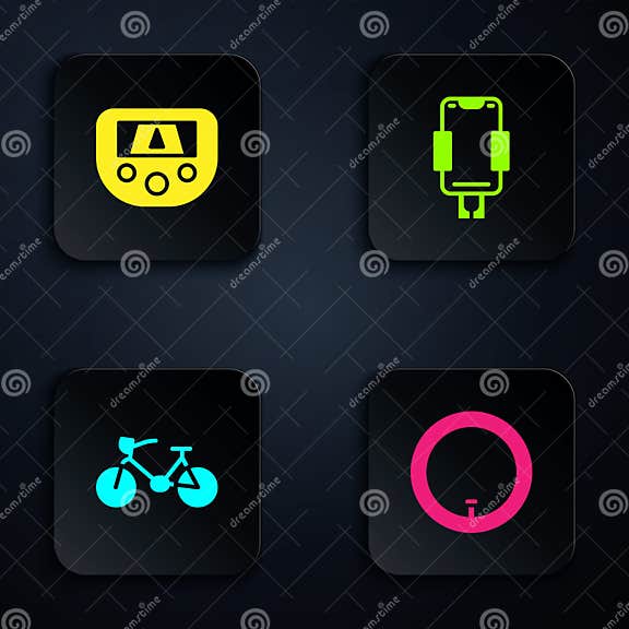 Set Bicycle Wheel, Gps Device with Map, and Mobile Holder. Black Square ...