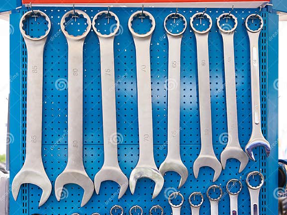 Set of Big Spanners on Stand Stock Image - Image of workplace, mechanic ...