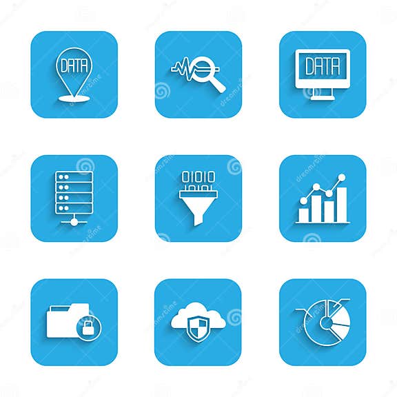 Set Binary Code, Cloud and Shield, Pie Chart Infographic, Folder Lock, Server, Data Analysis and ...