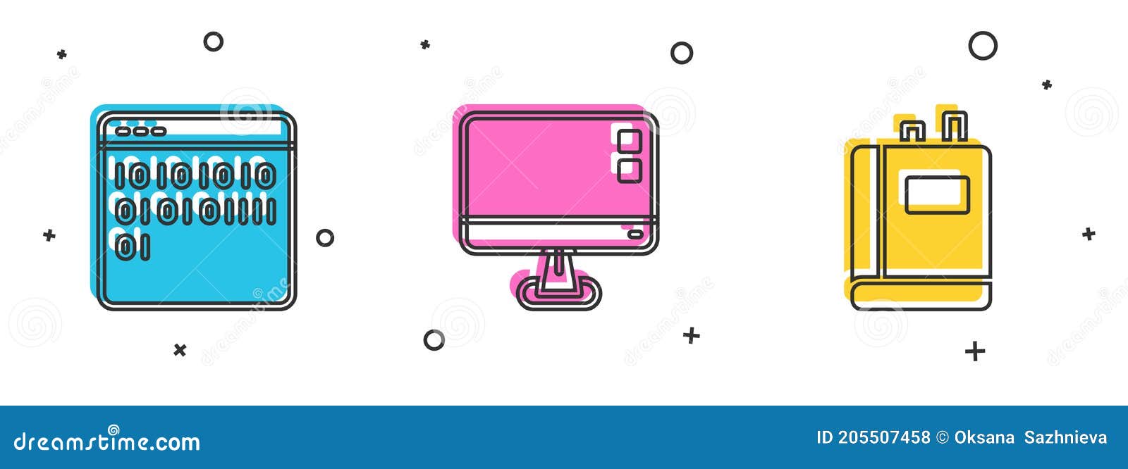 Set Binary Code, Computer Monitor Screen and Book Icon. Vector Stock ... Set Binary Code, Computer Monitor Screen and Book Icon. Vector Stock ...