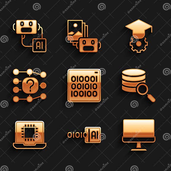 Set Binary Code Computer Monitor Server Processor Cpu Neural Network Graduation Cap And