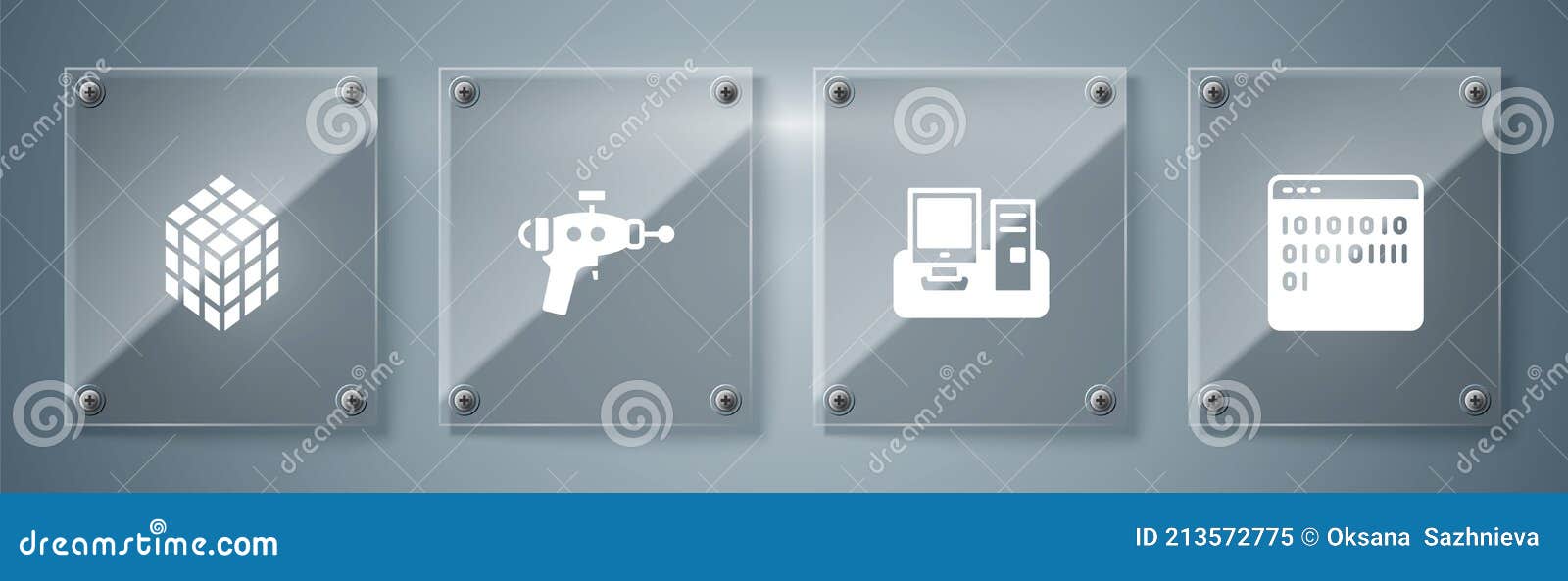 Set Binary Code, Monitor with Keyboard, Ray Gun and Rubik Cube. Square Glass Panels Stock Vector ...