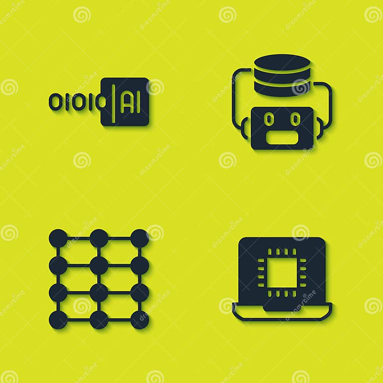Set Binary Code, Processor CPU, Neural Network and Artificial Intelligence Robot Icon. Vector ...