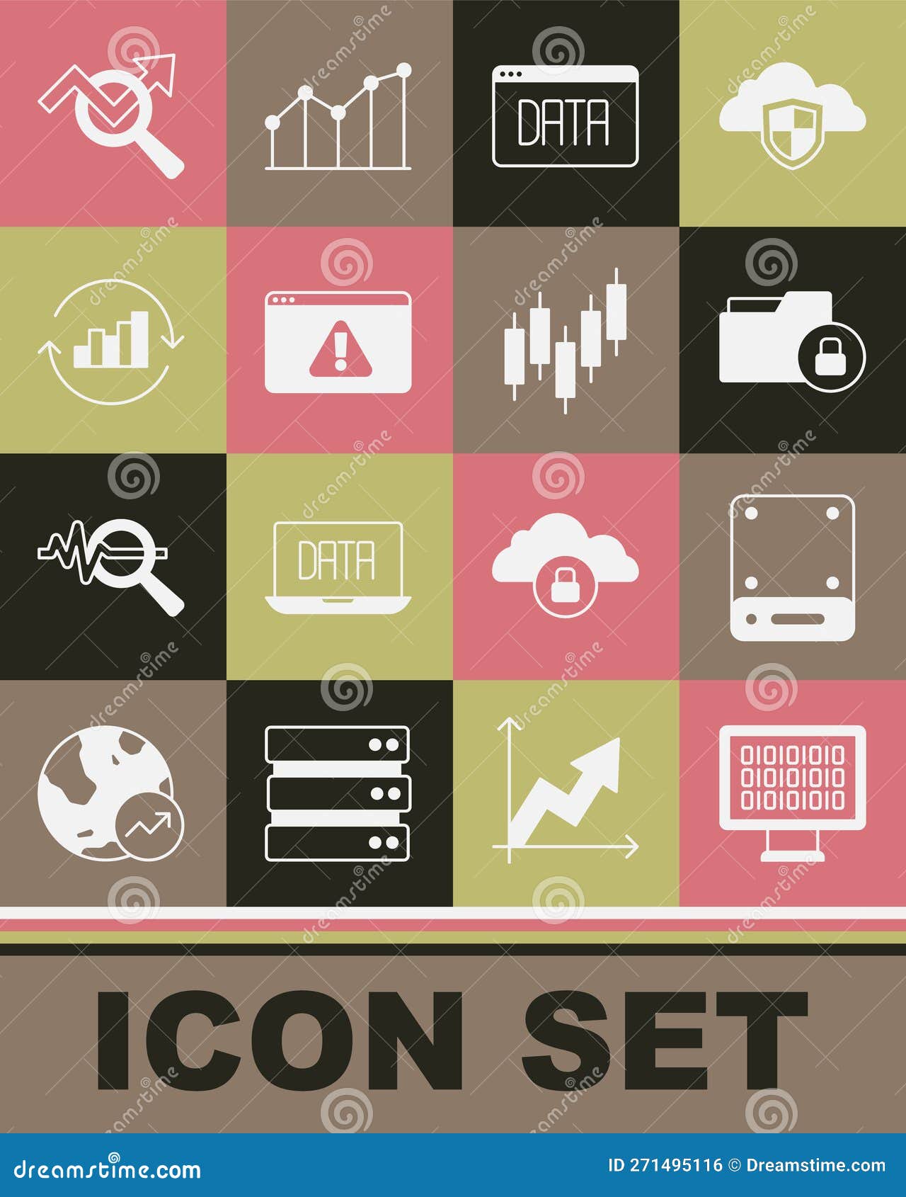 Set Binary Code, Server, Folder and Lock, Data Analysis, Browser with Exclamation Mark, Pie ...