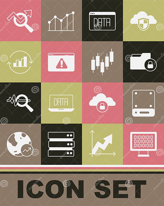 Set Binary Code, Server, Folder and Lock, Data Analysis, Browser with Exclamation Mark, Pie ...